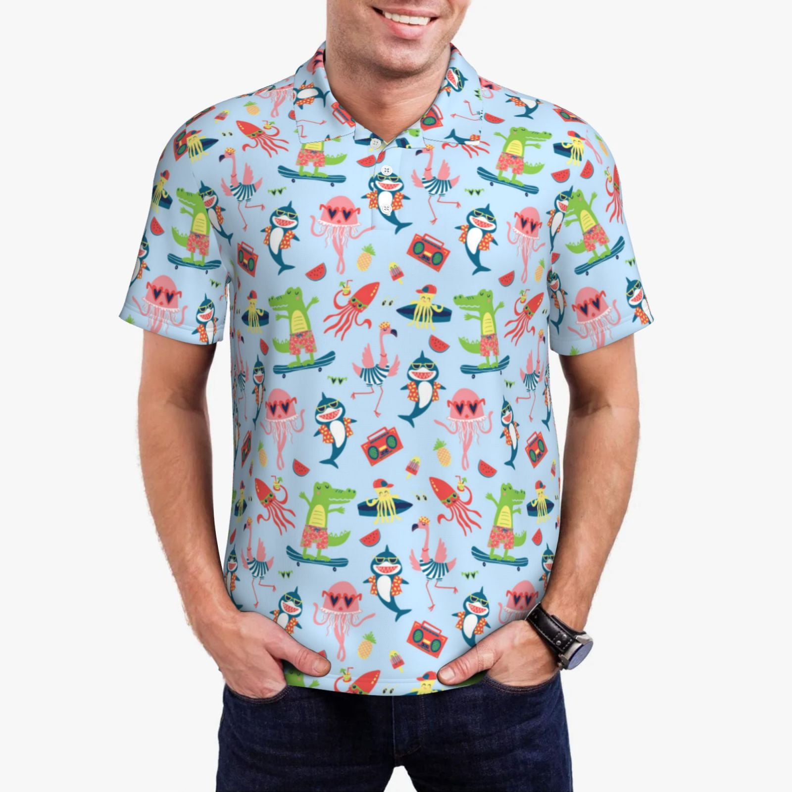 Susaid Cartoon Animals Print Men's Short Sleeve Polo Shirt, Golf Shirts ...