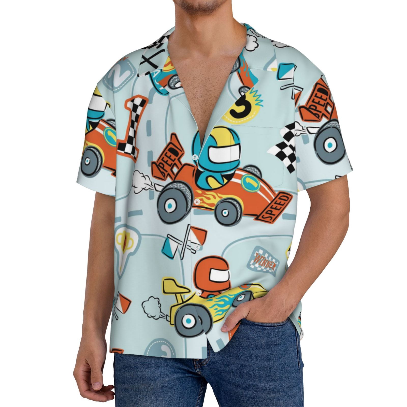 Susaid Cartoon Car Racing Print Men's Polo Shirts Button Down Short ...