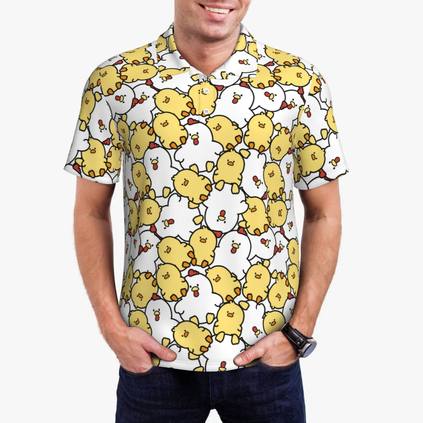 Susaid Cartoon Chicken Print Men's Short Sleeve Polo Shirt, Golf Shirts ...