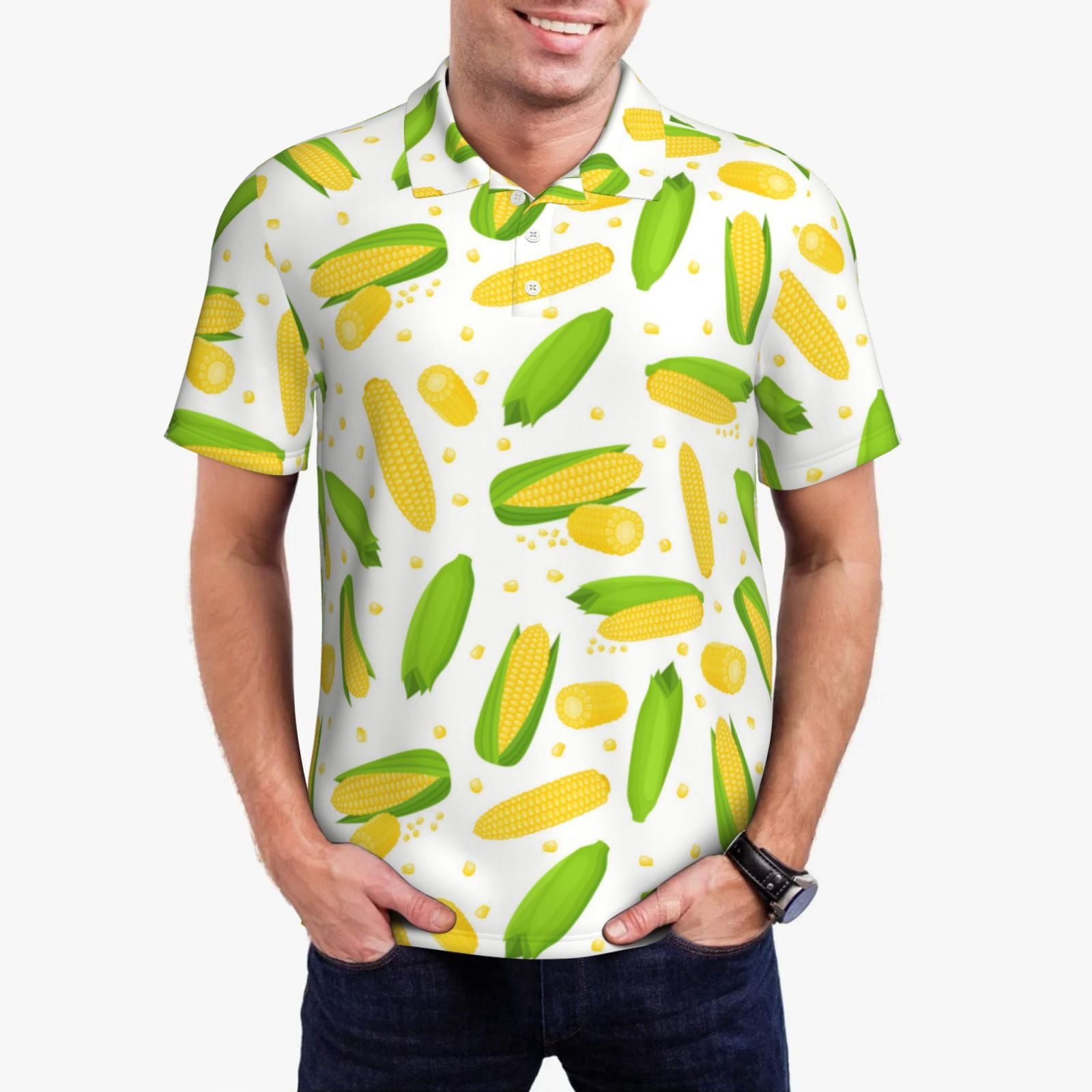 Susaid Cartoon Corn Print Men's Short Sleeve Polo Shirt, Golf Shirts ...