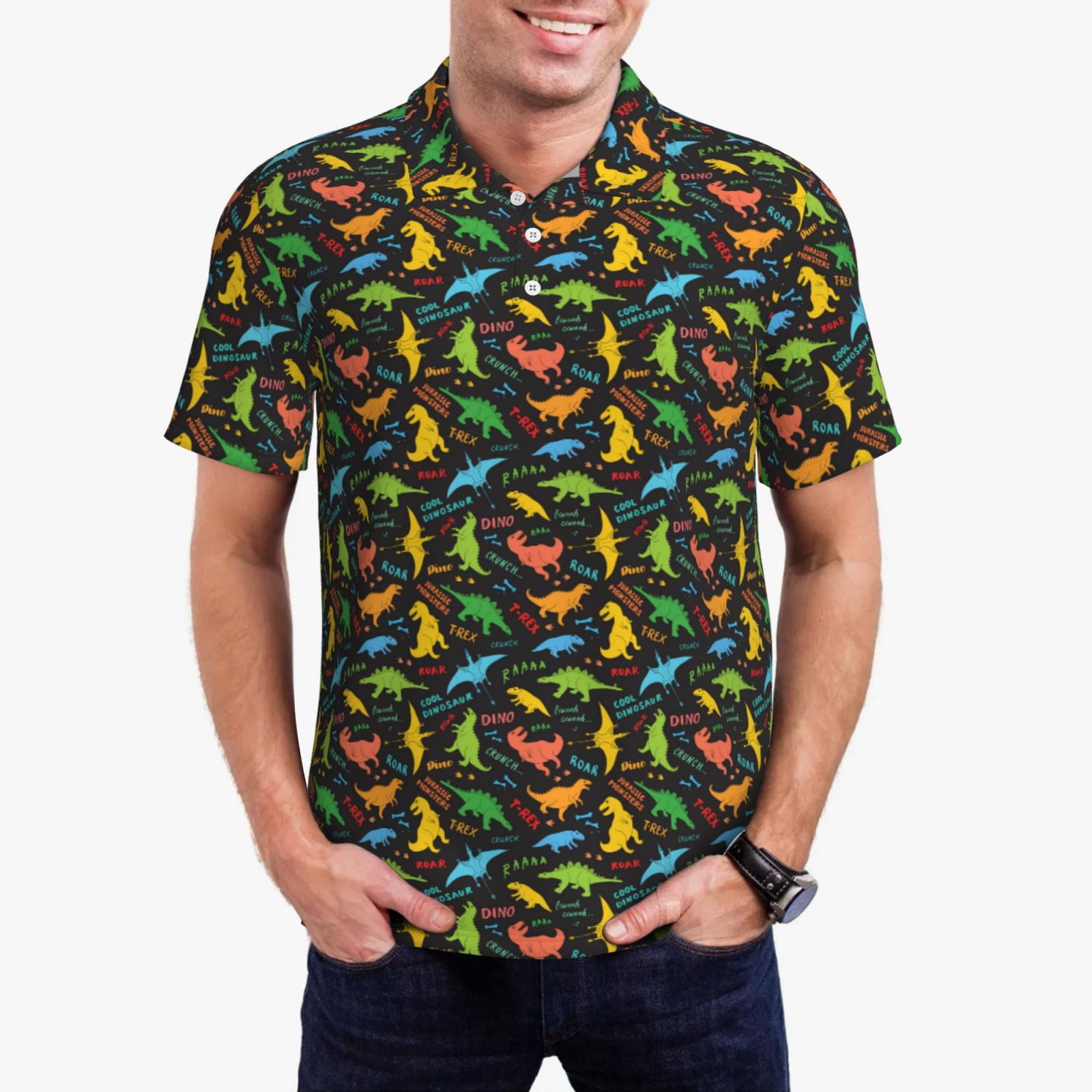 Susaid Cartoon Dino Print Men's Short Sleeve Polo Shirt, Golf Shirts ...