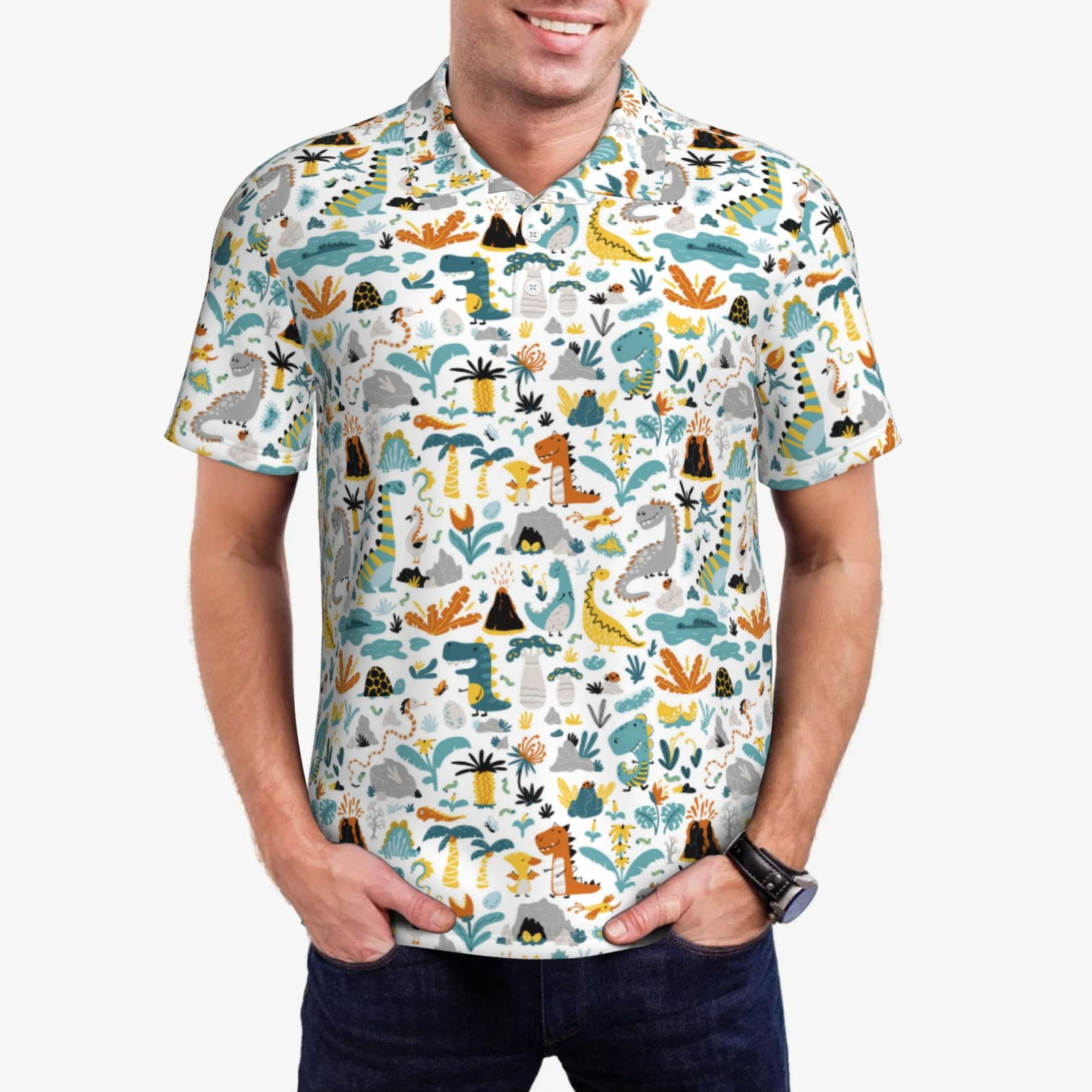 Susaid Cartoon Dinosaur Print Men's Short Sleeve Polo Shirt, Golf ...