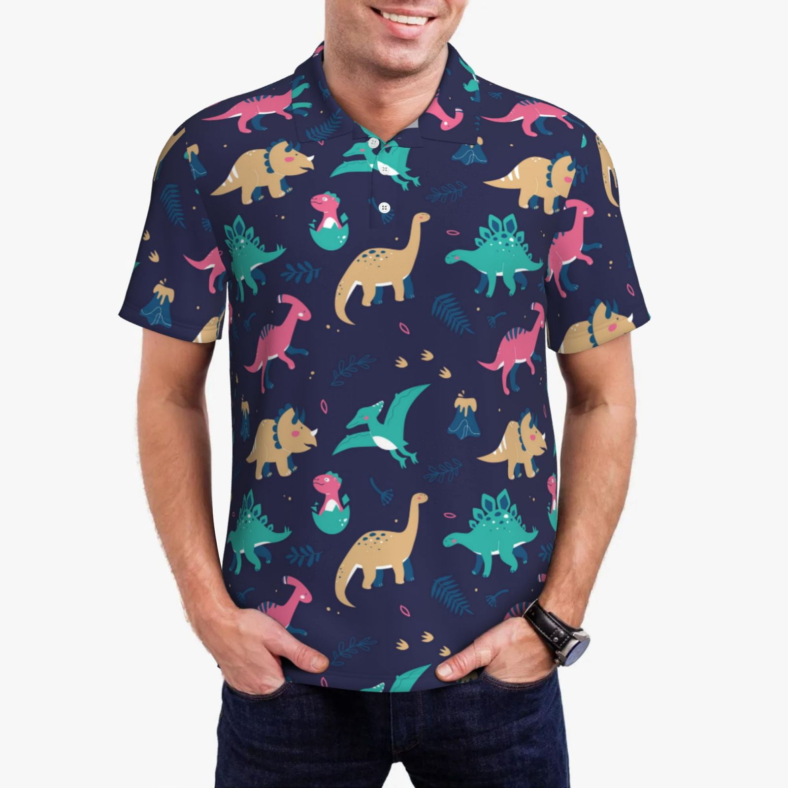 Susaid Cartoon Dinosaur Print Men's Short Sleeve Polo Shirt, Golf ...