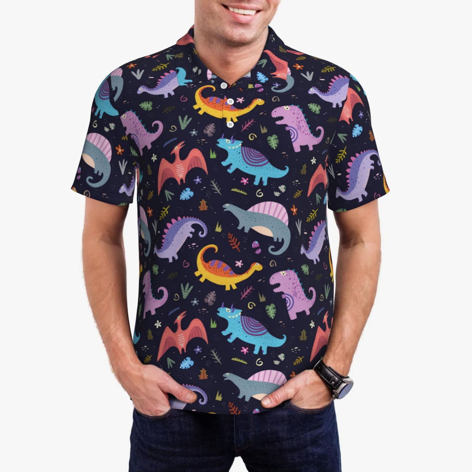 Susaid Cartoon Dinosaur Print Men's Short Sleeve Polo Shirt, Golf ...