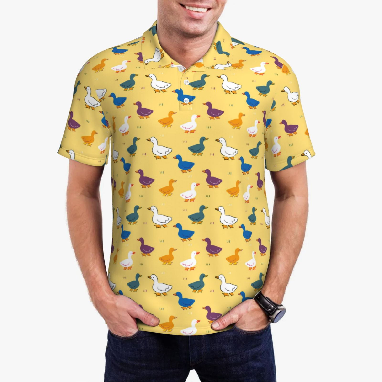 Susaid Cartoon Duck Print Men's Short Sleeve Polo Shirt, Golf Shirts ...