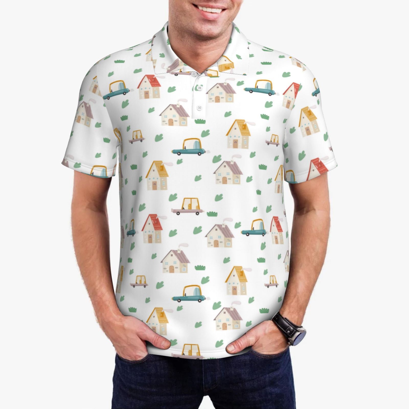 Susaid Cartoon House Print Men's Short Sleeve Polo Shirt, Golf Shirts ...