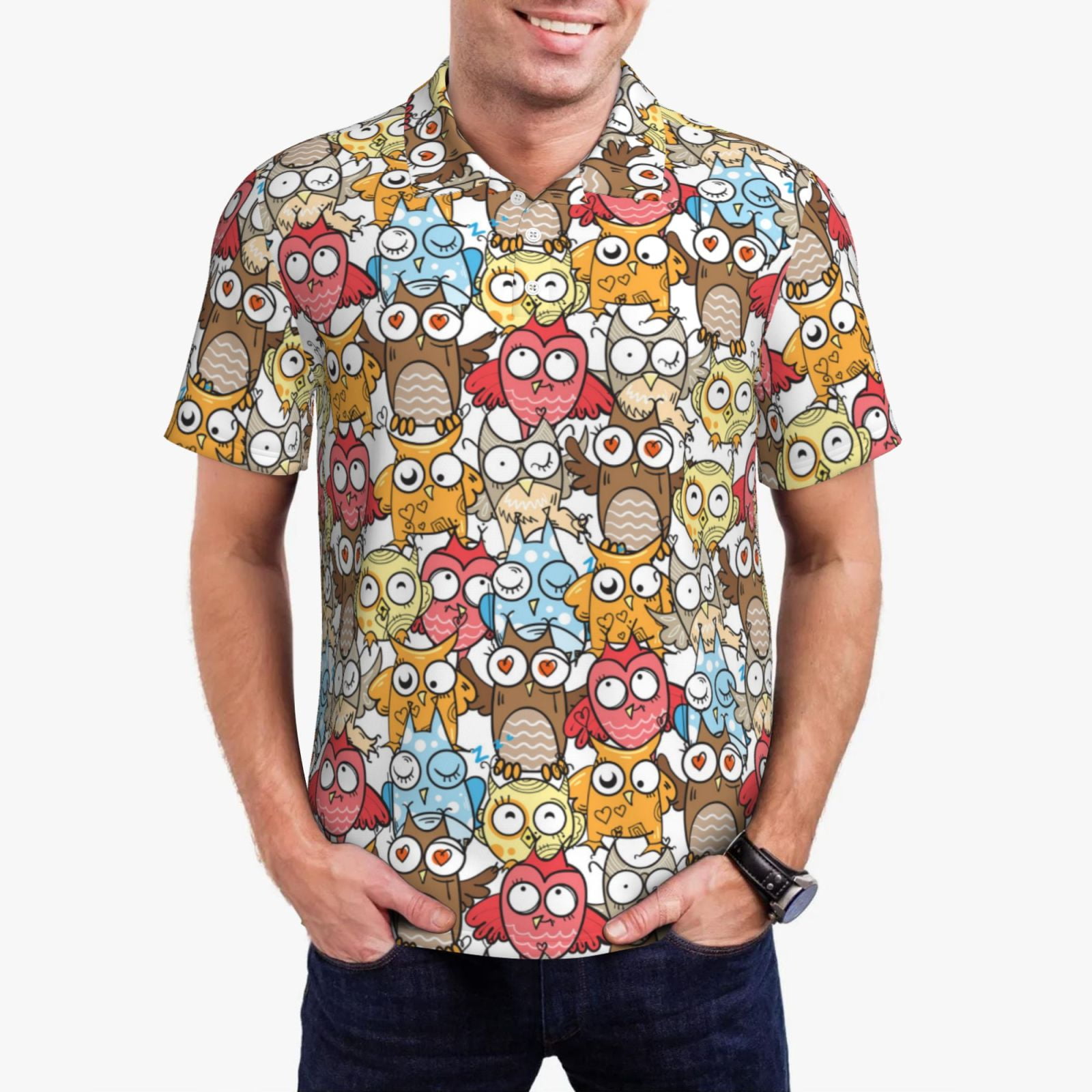 Susaid Cartoon Owls 1 Print Men's Short Sleeve Polo Shirt, Golf Shirts ...