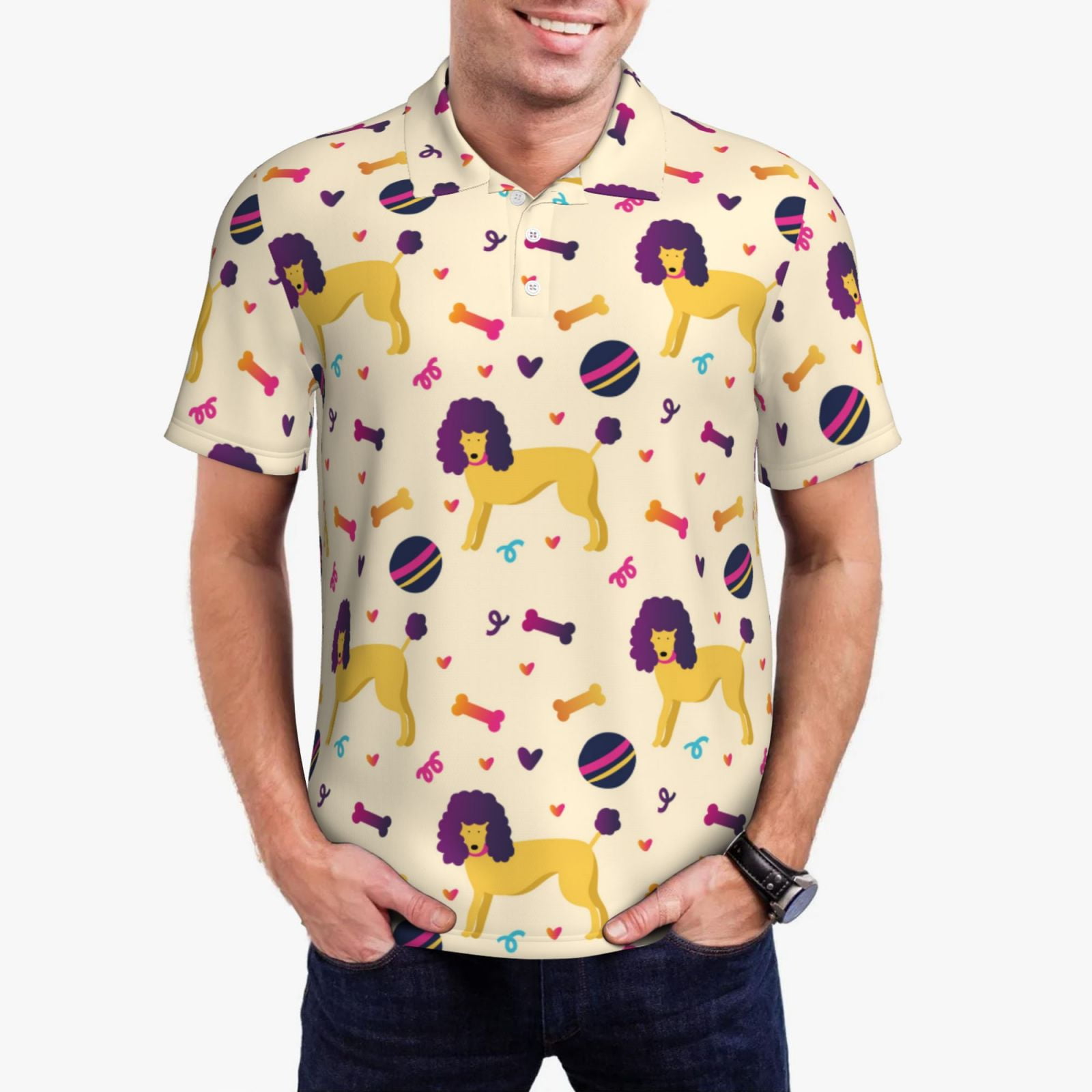 Susaid Cartoon Poodle Dog Print Men's Short Sleeve Polo Shirt, Golf ...