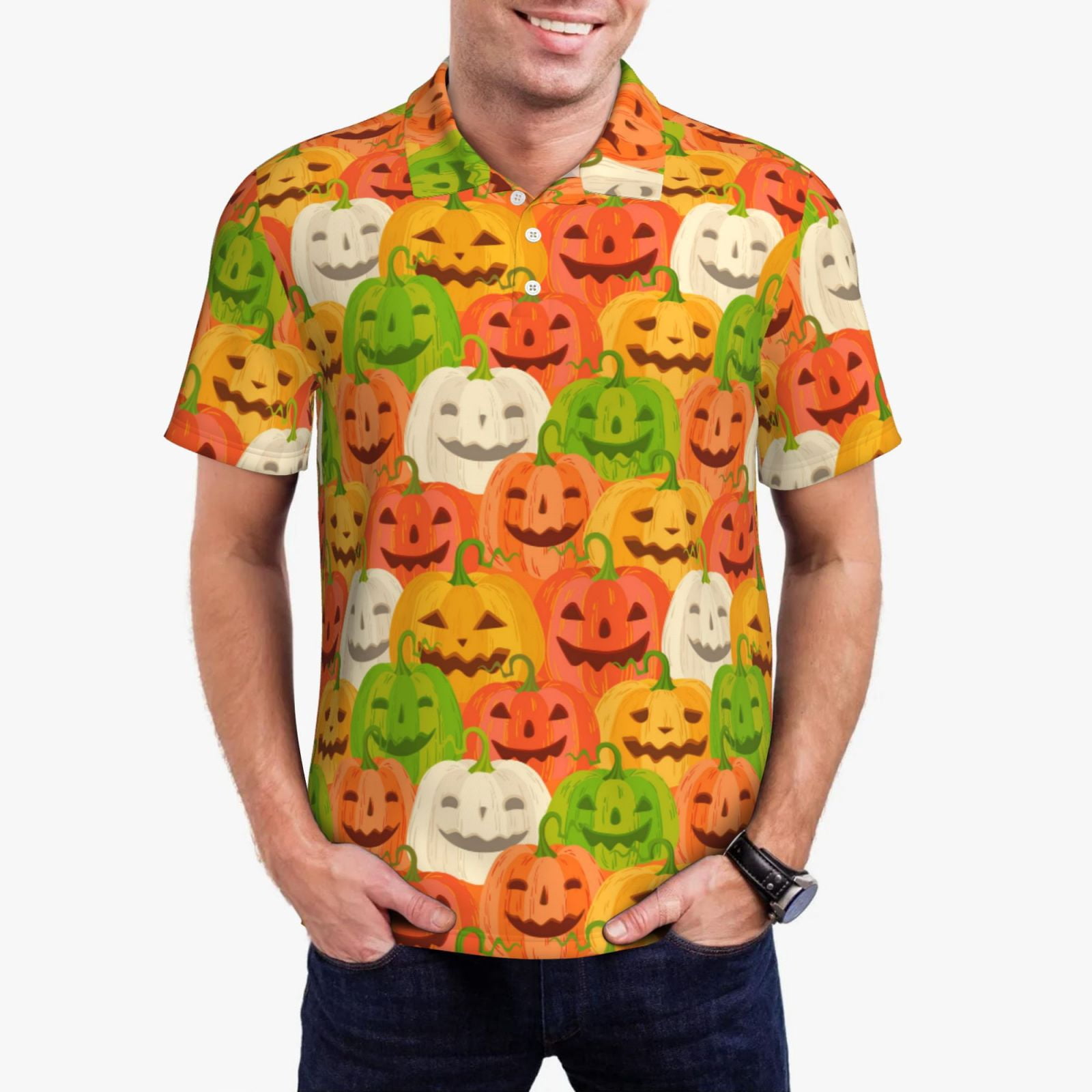 Susaid Cartoon Pumpkins Print Men's Short Sleeve Polo Shirt, Golf ...