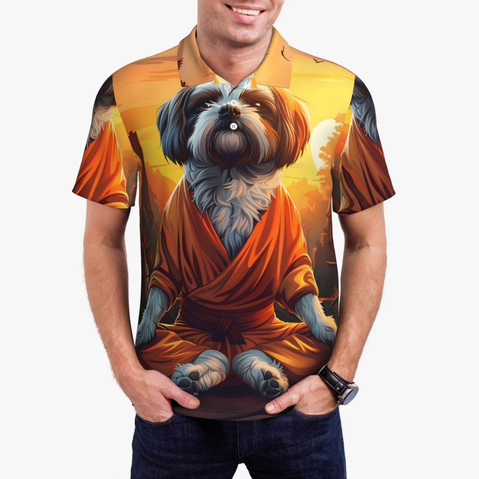 Susaid Cartoon Puppy Sunset Print Men's Short Sleeve Polo Shirt, Golf ...
