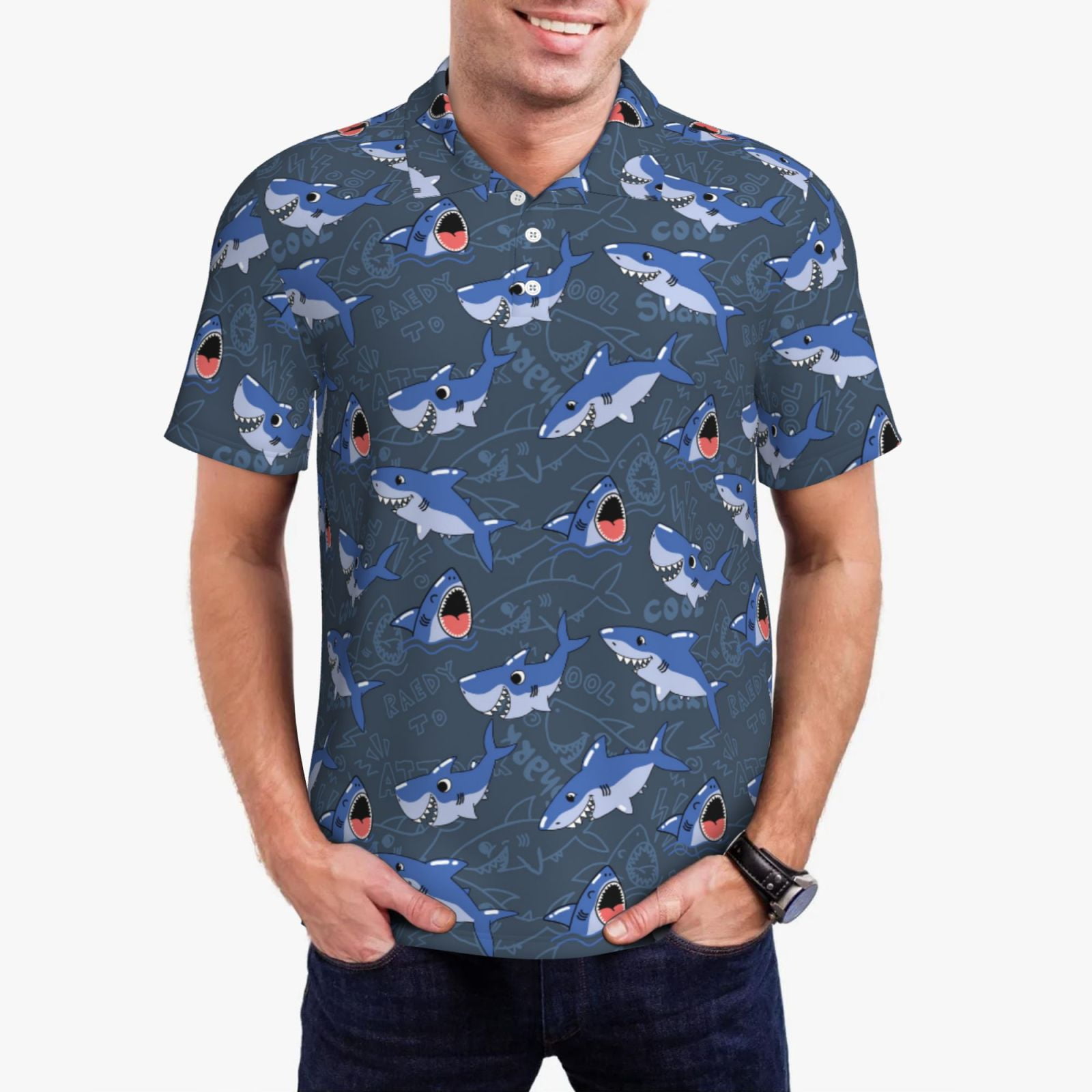 Susaid Cartoon Shark Print Men's Short Sleeve Polo Shirt, Golf Shirts ...