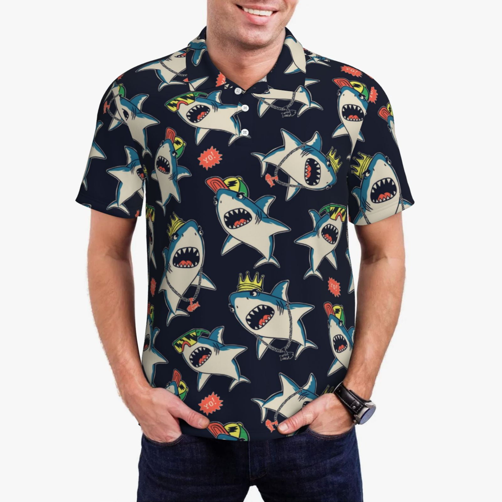 Susaid Cartoon Sharks Print Men's Short Sleeve Polo Shirt, Golf Shirts ...