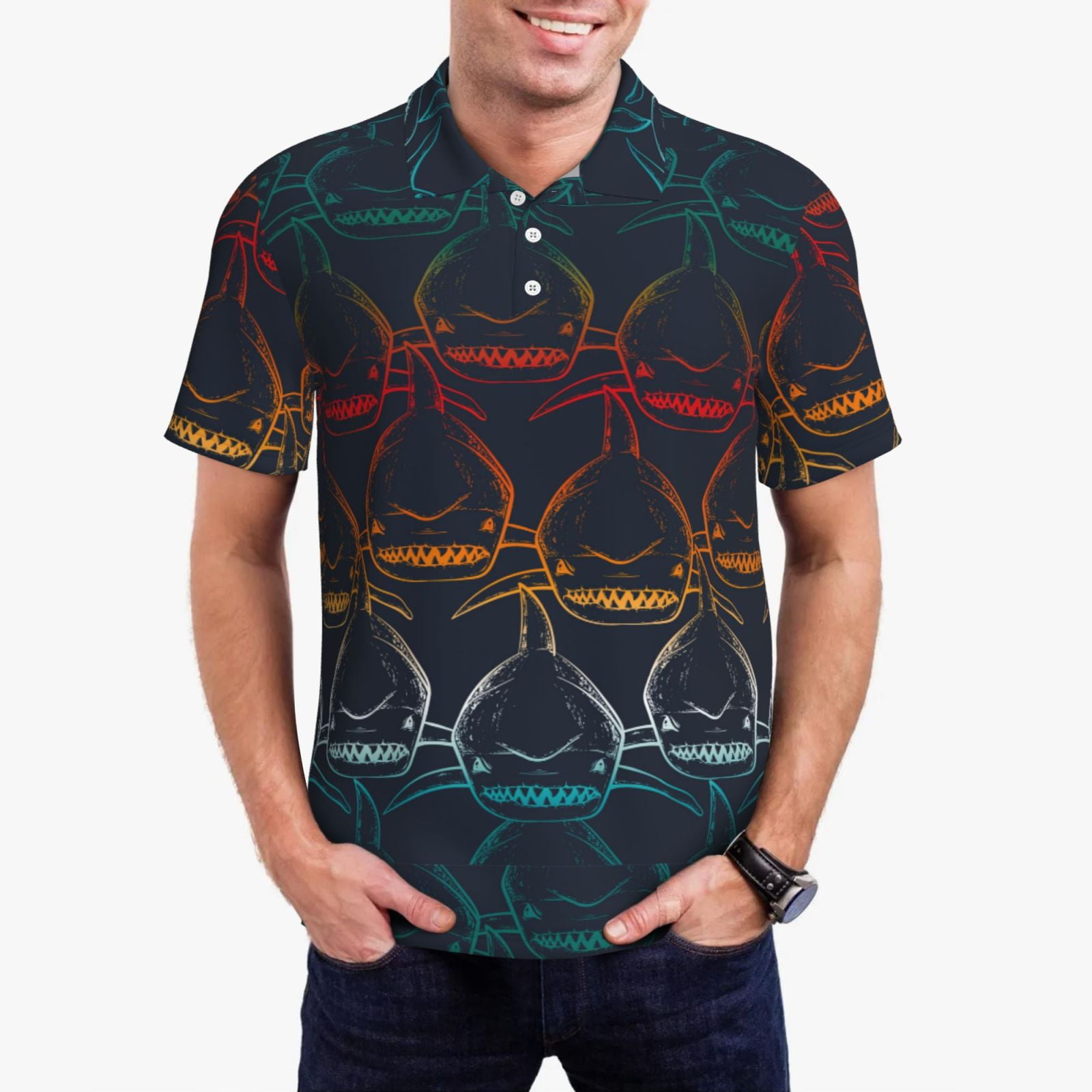 Susaid Cartoon Sharks Print Men's Short Sleeve Polo Shirt, Golf Shirts ...