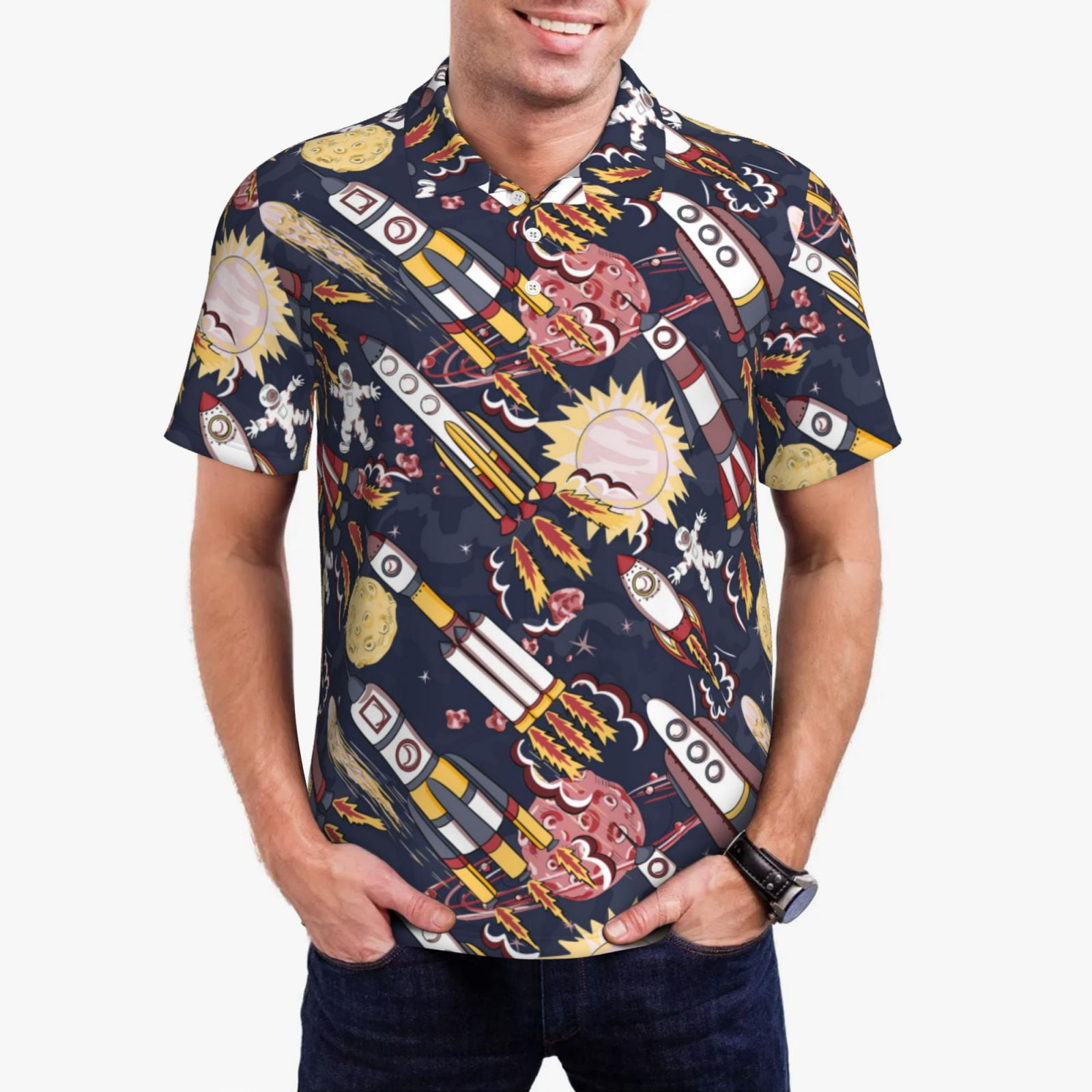 Susaid Cartoon Space 1 Print Men's Short Sleeve Polo Shirt, Golf Shirts ...