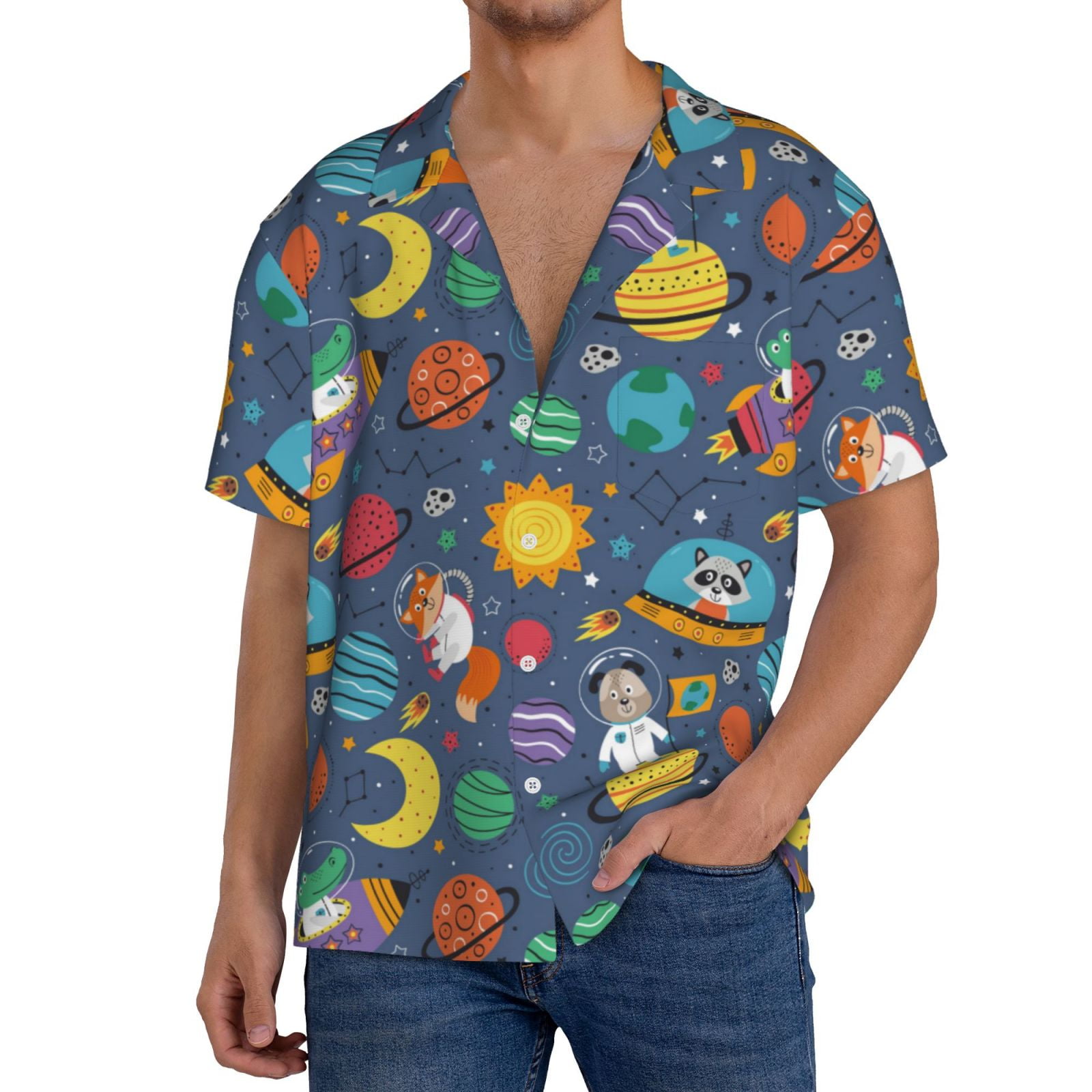 Susaid Cartoon Space Print Men's Polo Shirts Button Down Short Sleeve ...