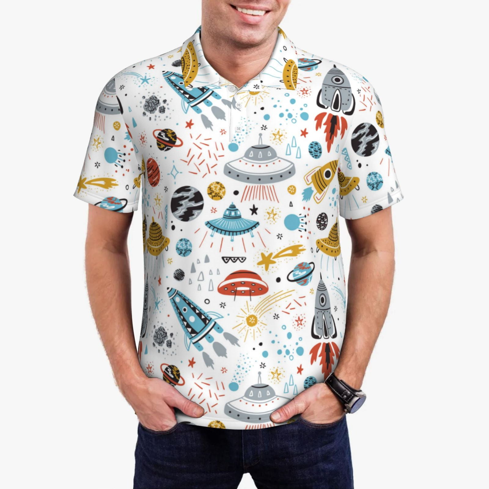 Susaid Cartoon Space Print Men's Short Sleeve Polo Shirt, Golf Shirts ...
