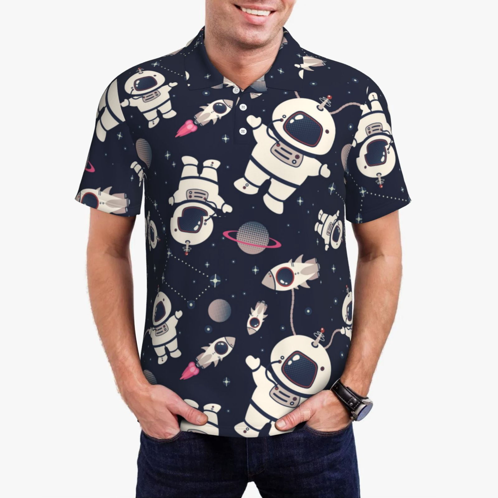 Susaid Cartoon Spaceship Print Men's Short Sleeve Polo Shirt, Golf ...
