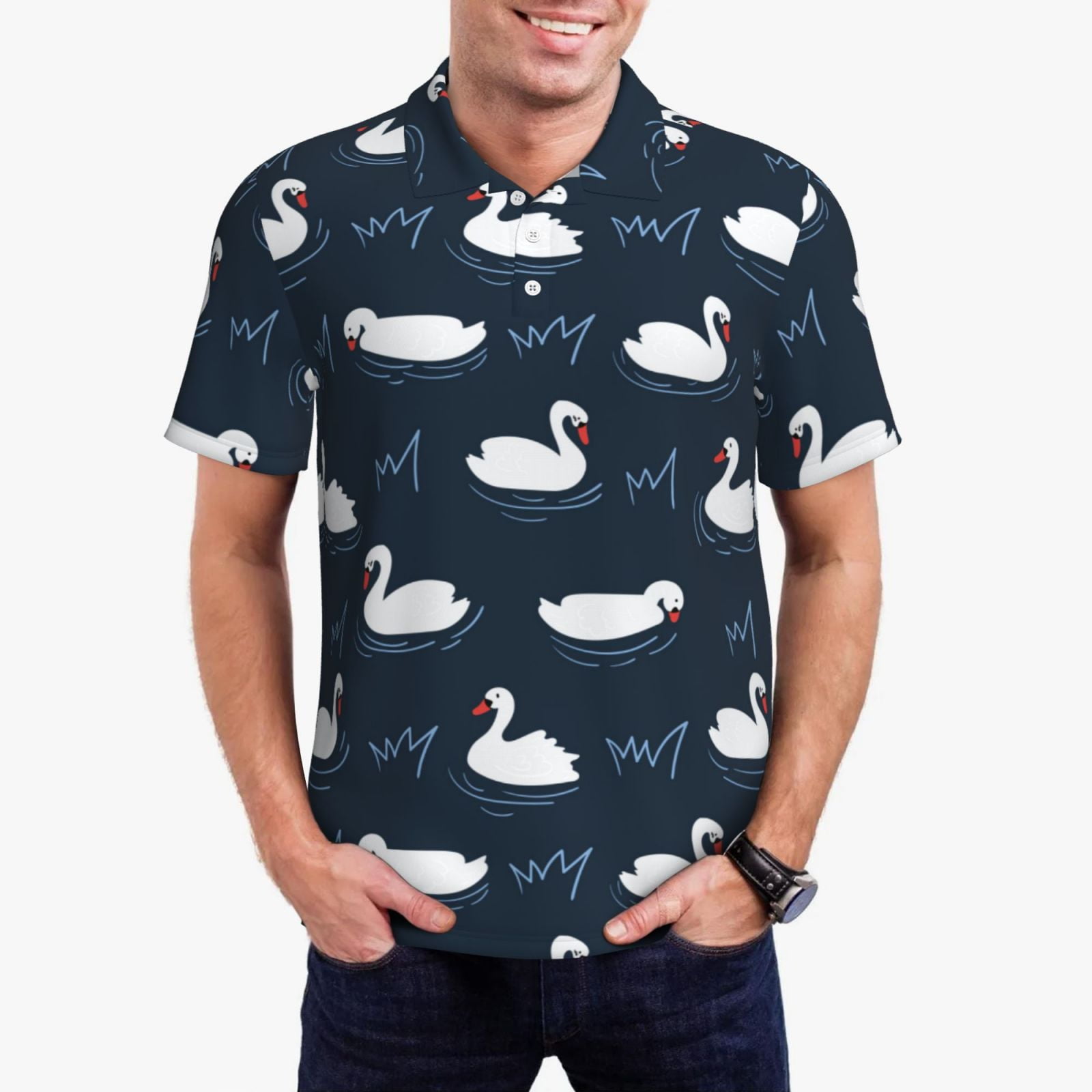 Susaid Cartoon Swan Print Men's Short Sleeve Polo Shirt, Golf Shirts ...