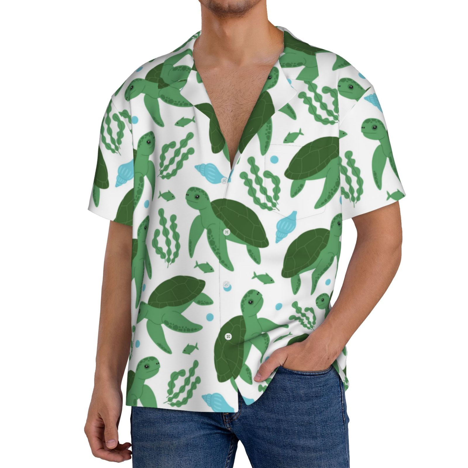 Susaid Cartoon Turtle Print Men's Polo Shirts Button Down Short Sleeve ...