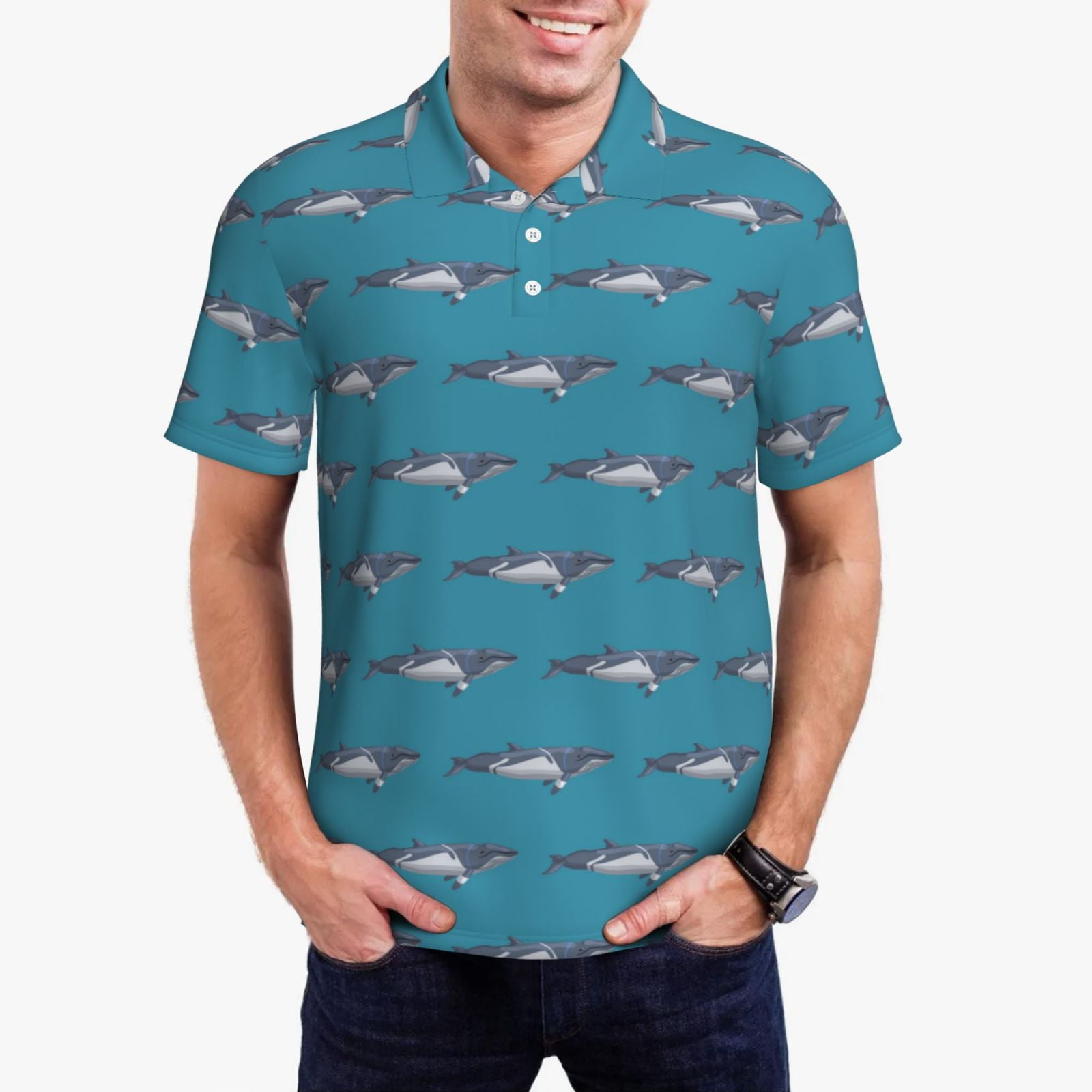 Susaid Cartoon Whale Print Men's Short Sleeve Polo Shirt, Golf Shirts ...