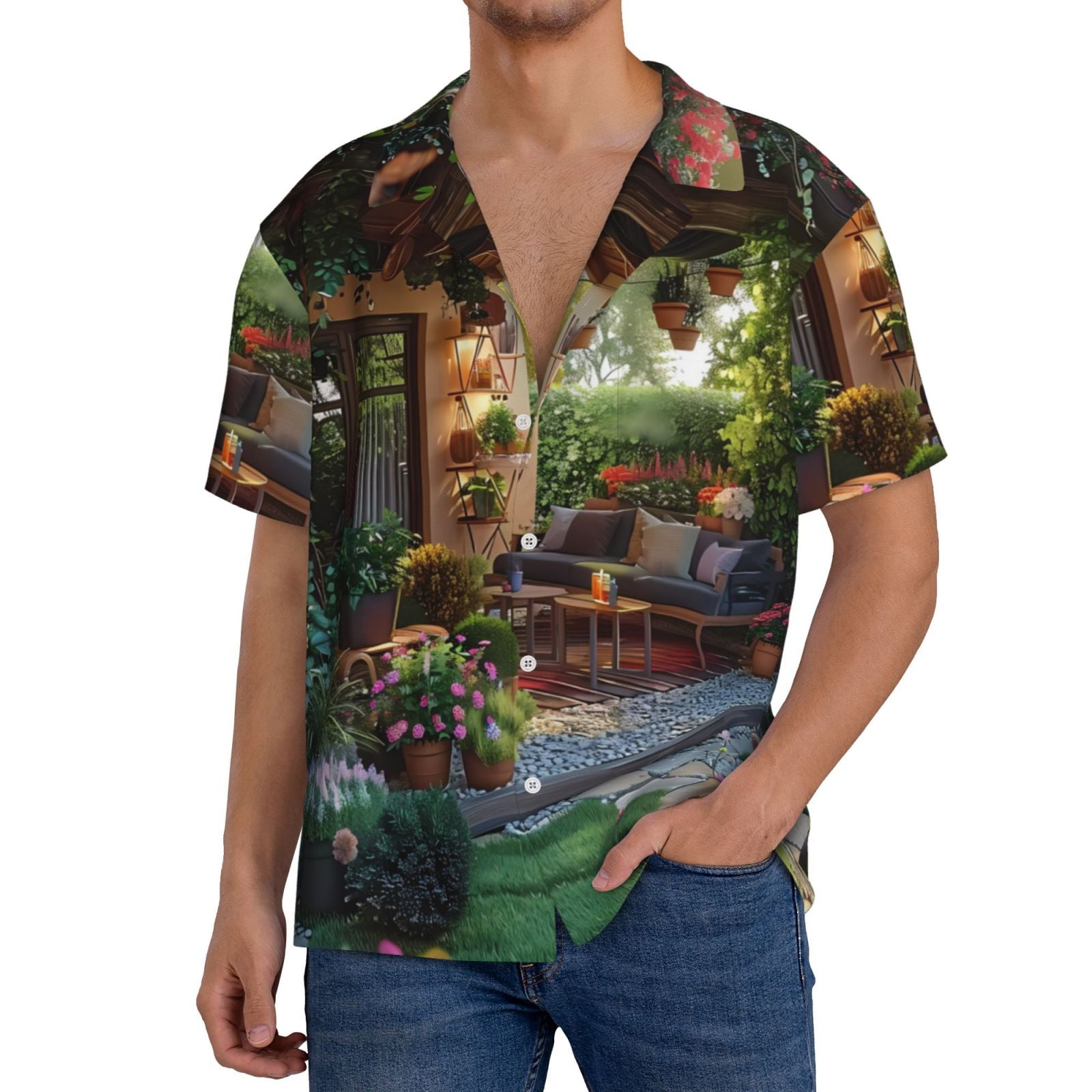 Susaid Charming Garden Patio Print Men's Polo Shirts Button Down Short ...