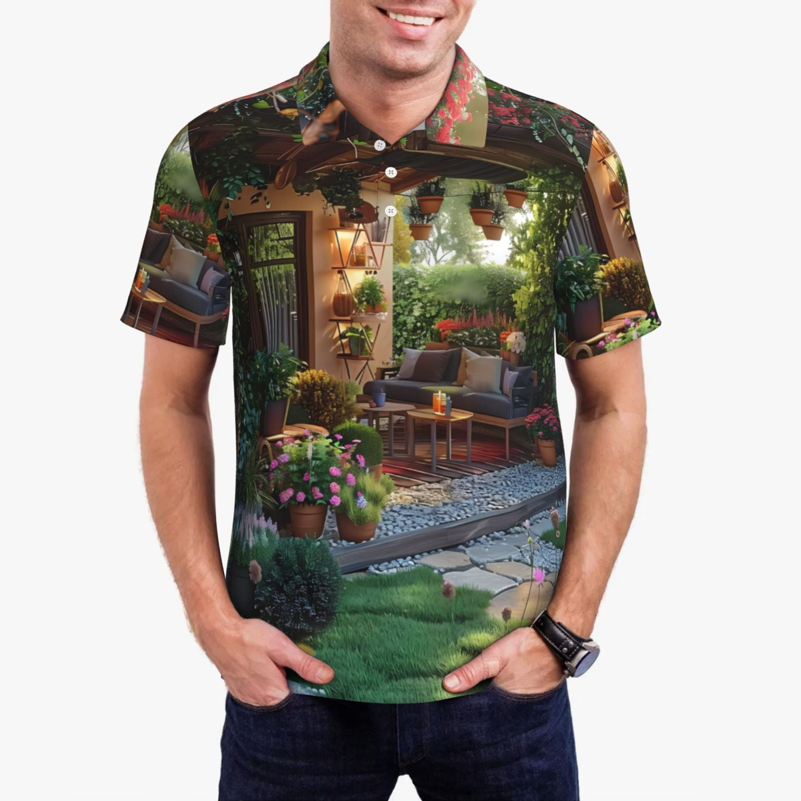 Susaid Charming Garden Patio Print Men's Short Sleeve Polo Shirt, Golf ...