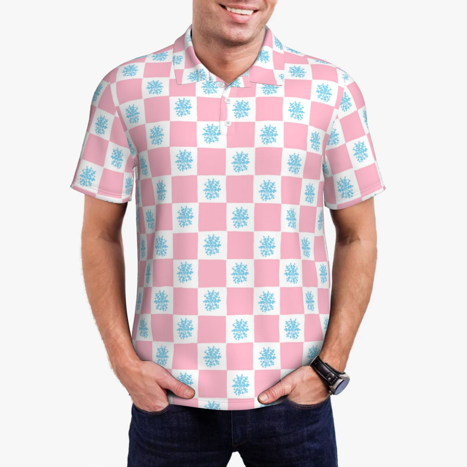 Susaid Checkerboard With Snowflake Print Men's Short Sleeve Polo Shirt ...