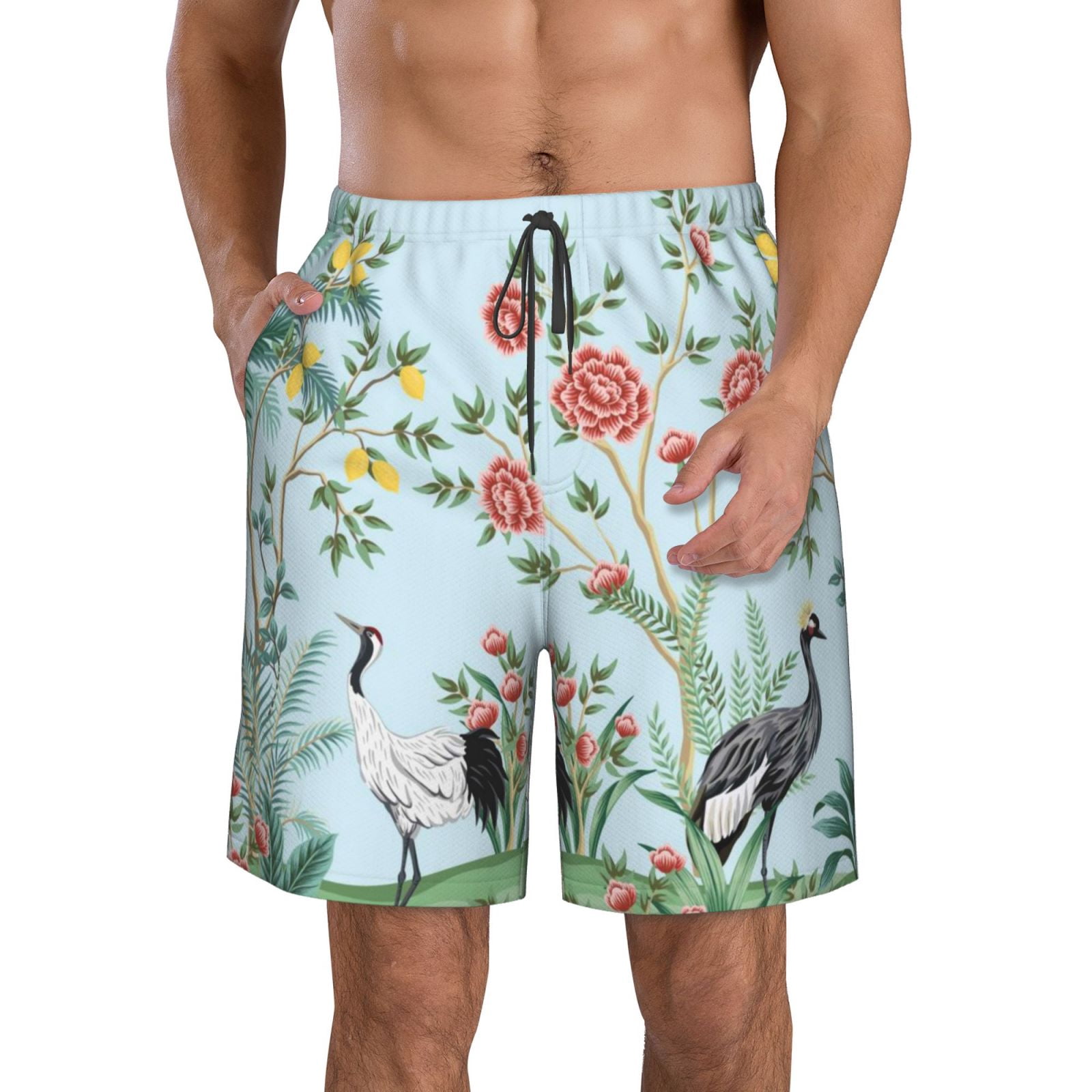 Susaid Chinoiserie Floral Palm Tree Print Men's Swim Trunks Hawaiian ...