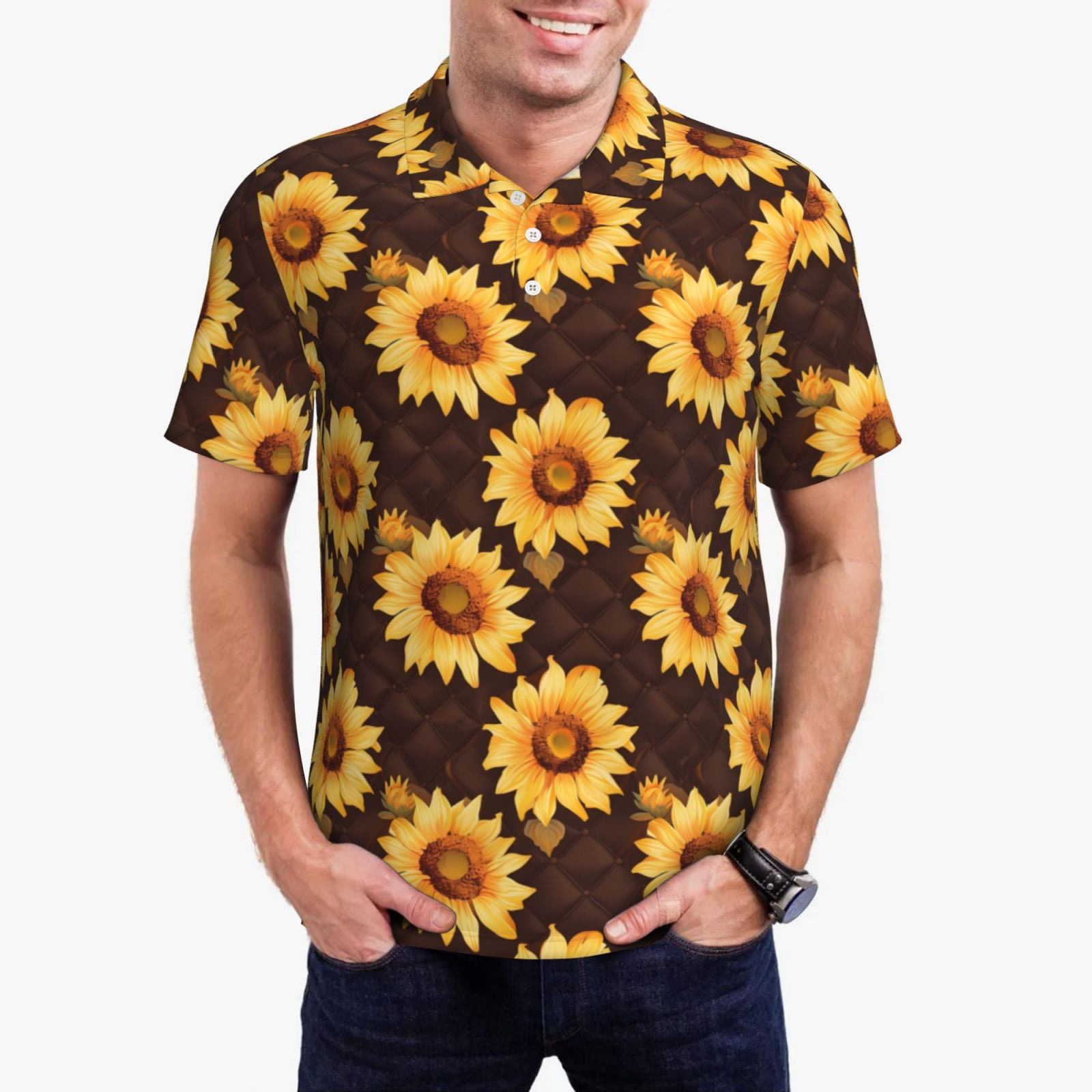 Susaid Chocolate Plaid Sunflower A Print Men's Short Sleeve Polo Shirt ...
