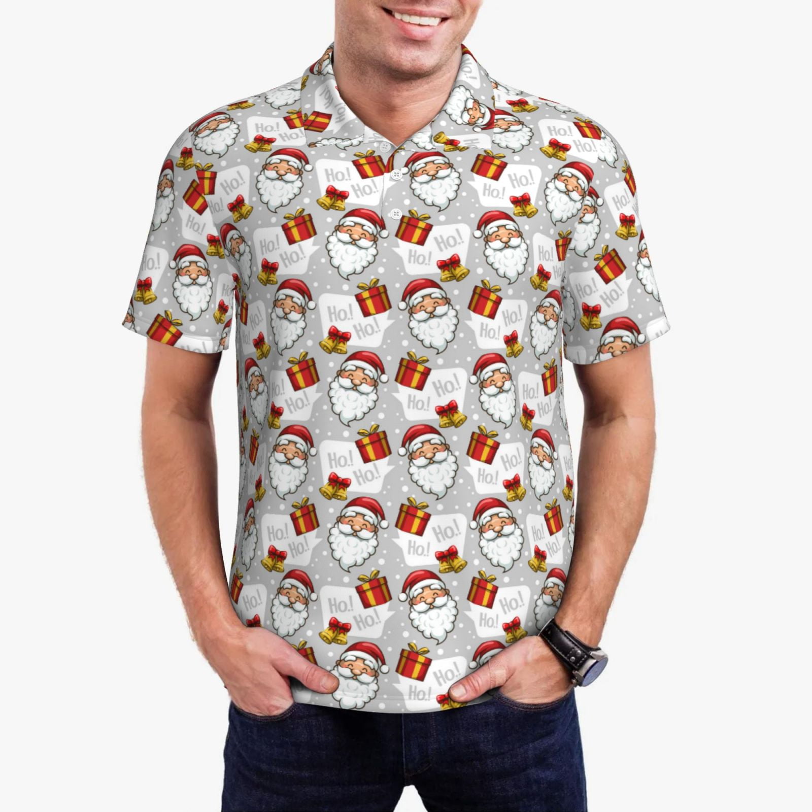Susaid Christmas Santa Claus Print Men's Short Sleeve Polo Shirt, Golf ...