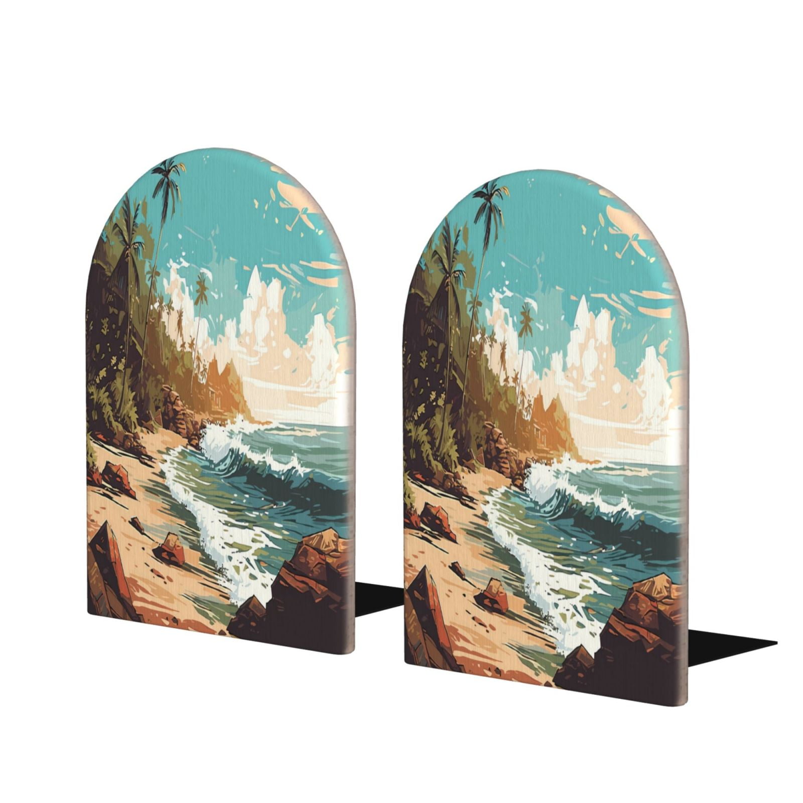 Susaid Coastal Palm Beach Print Wooden Bookends Decorative Book Ends ...