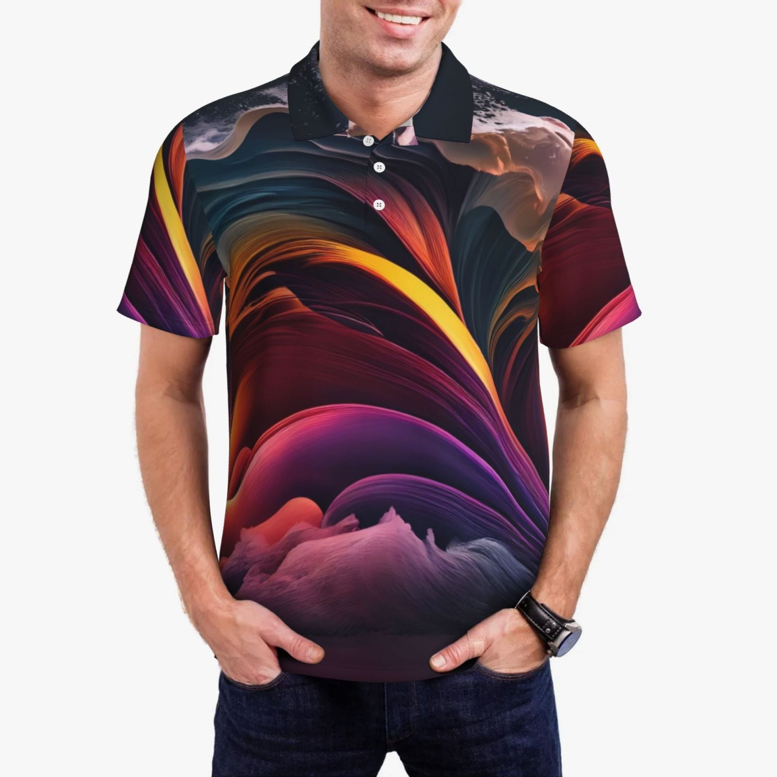 Susaid Colorful Abstract Wave Motion Print Men's Short Sleeve Polo ...