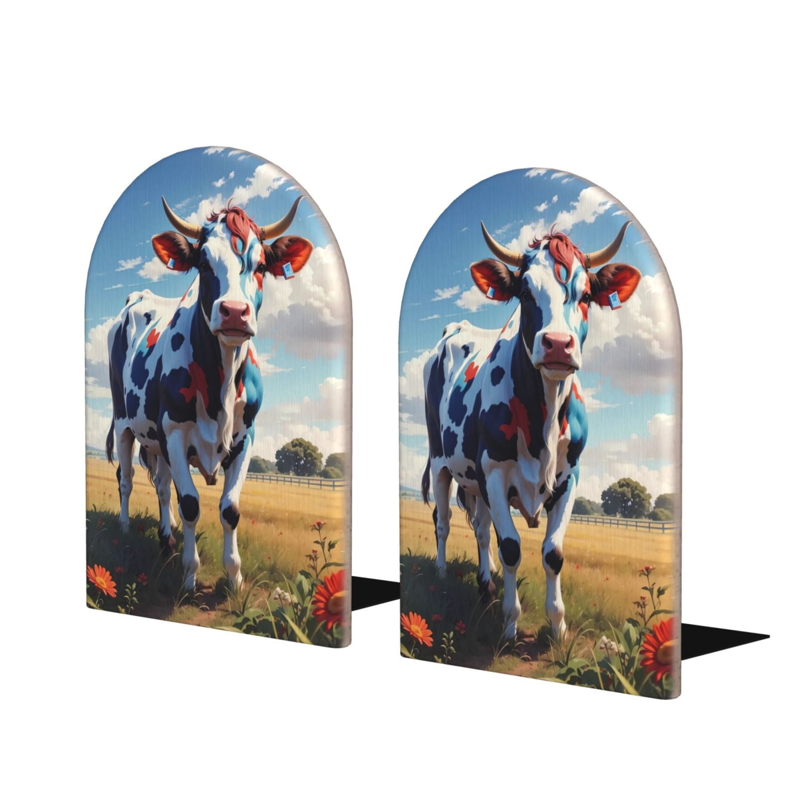 Susaid Colorful Cow Pasture Print Wooden Bookends Decorative Book Ends ...