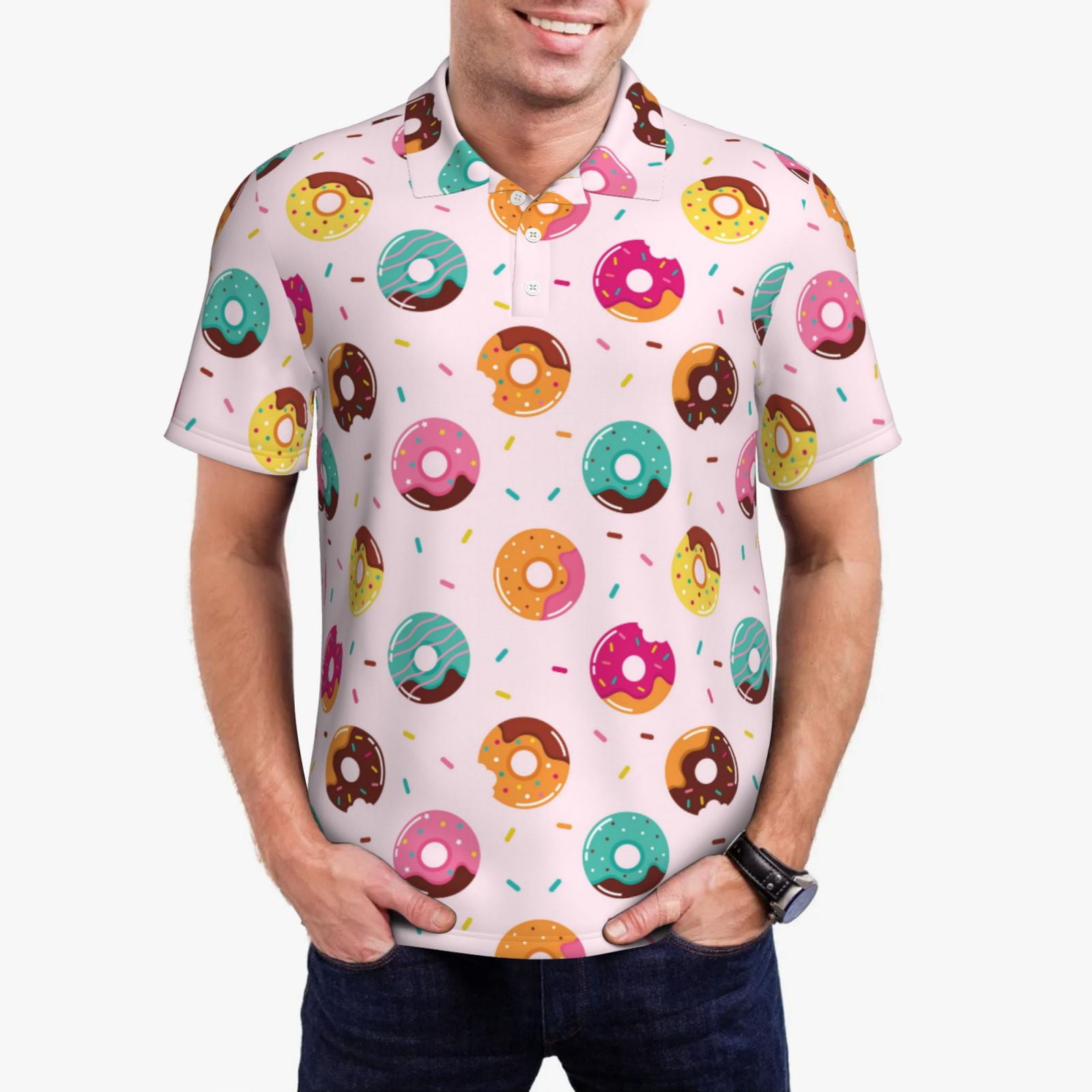 Susaid Colorful Donuts Print Men's Short Sleeve Polo Shirt, Golf Shirts ...