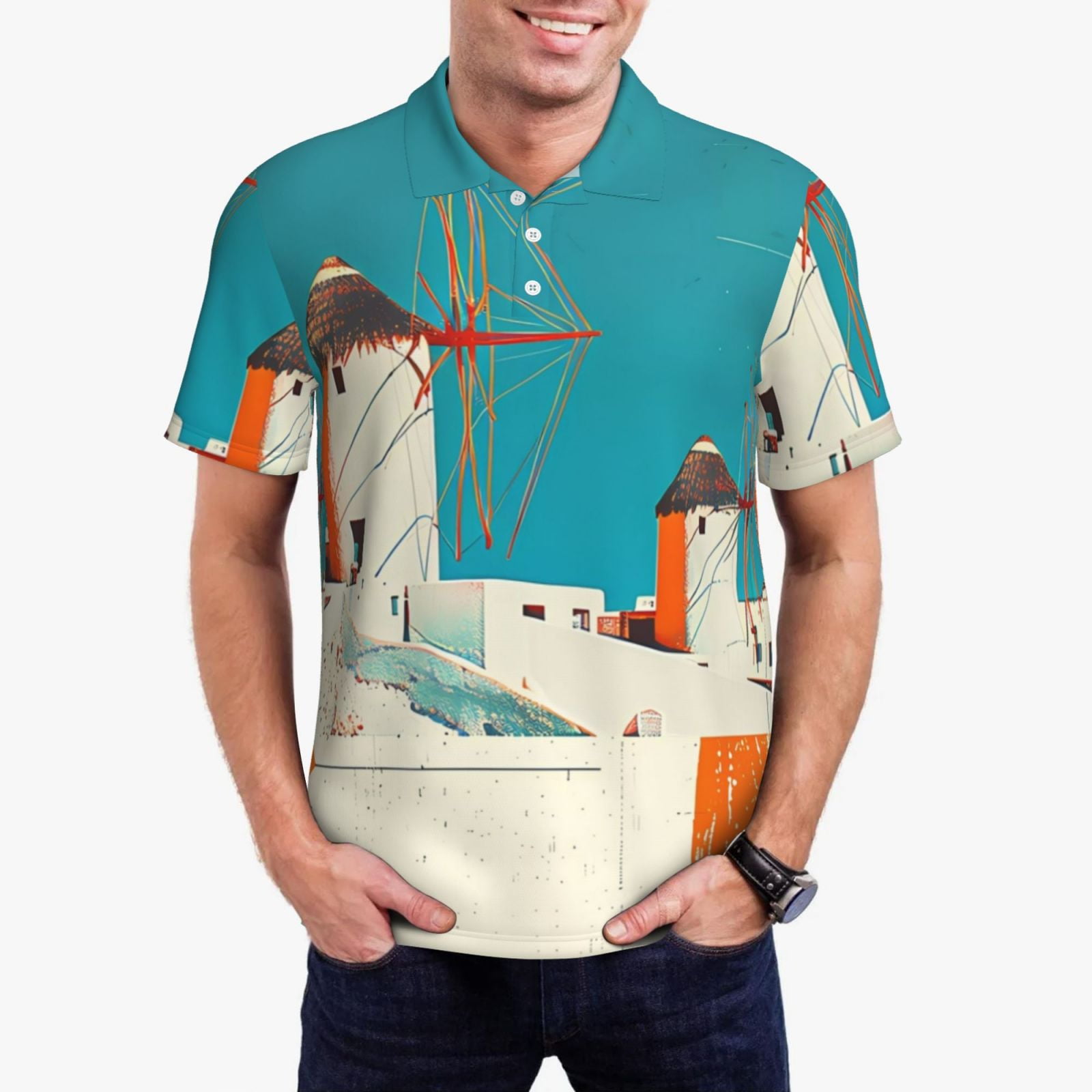 Susaid Colorful Greek Windmills Print Men's Short Sleeve Polo Shirt ...