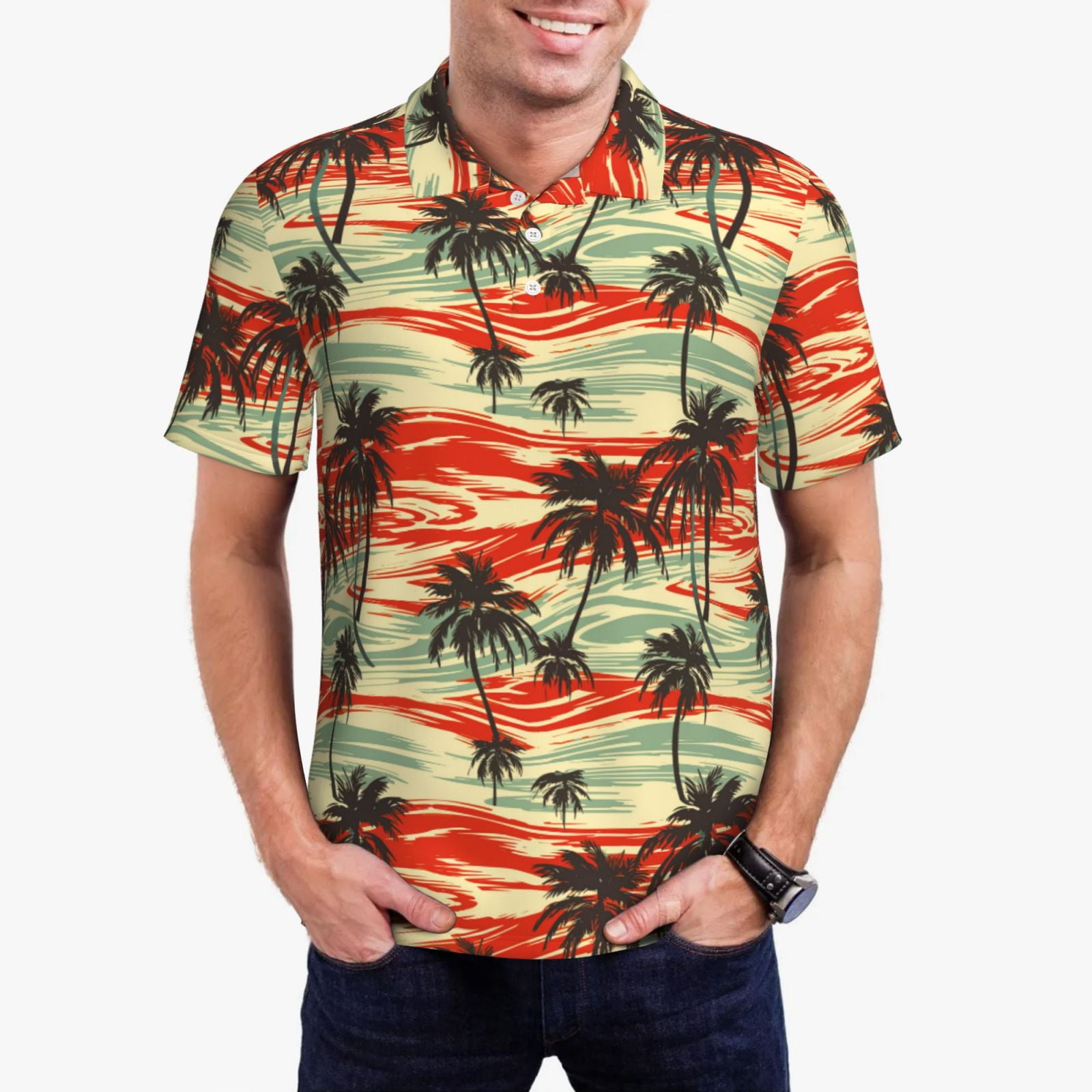 Susaid Colorful Hawaii Palms Print Men's Short Sleeve Polo Shirt, Golf ...