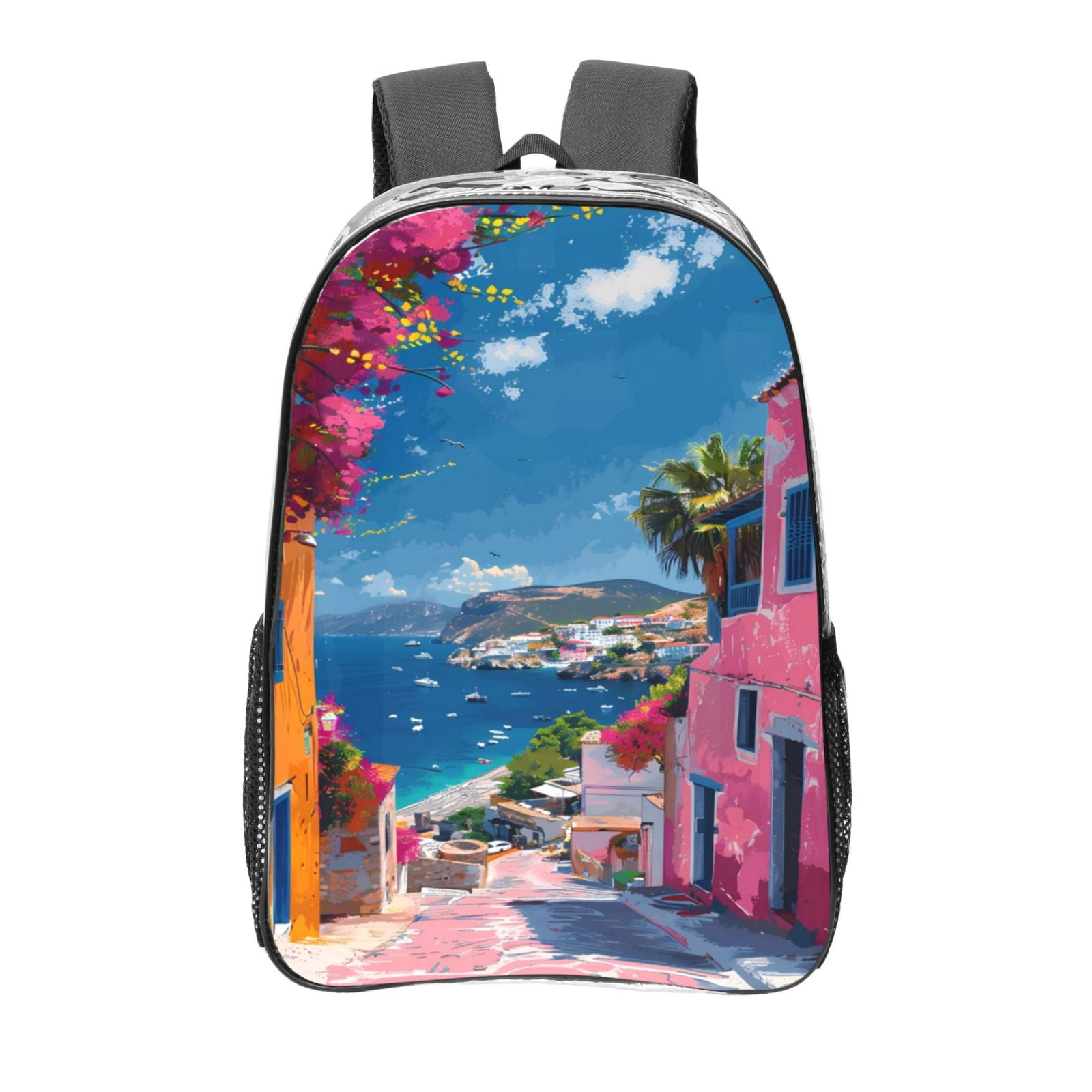 Susaid Colorful Mediterranean Village Print Clear Backpack See Through ...