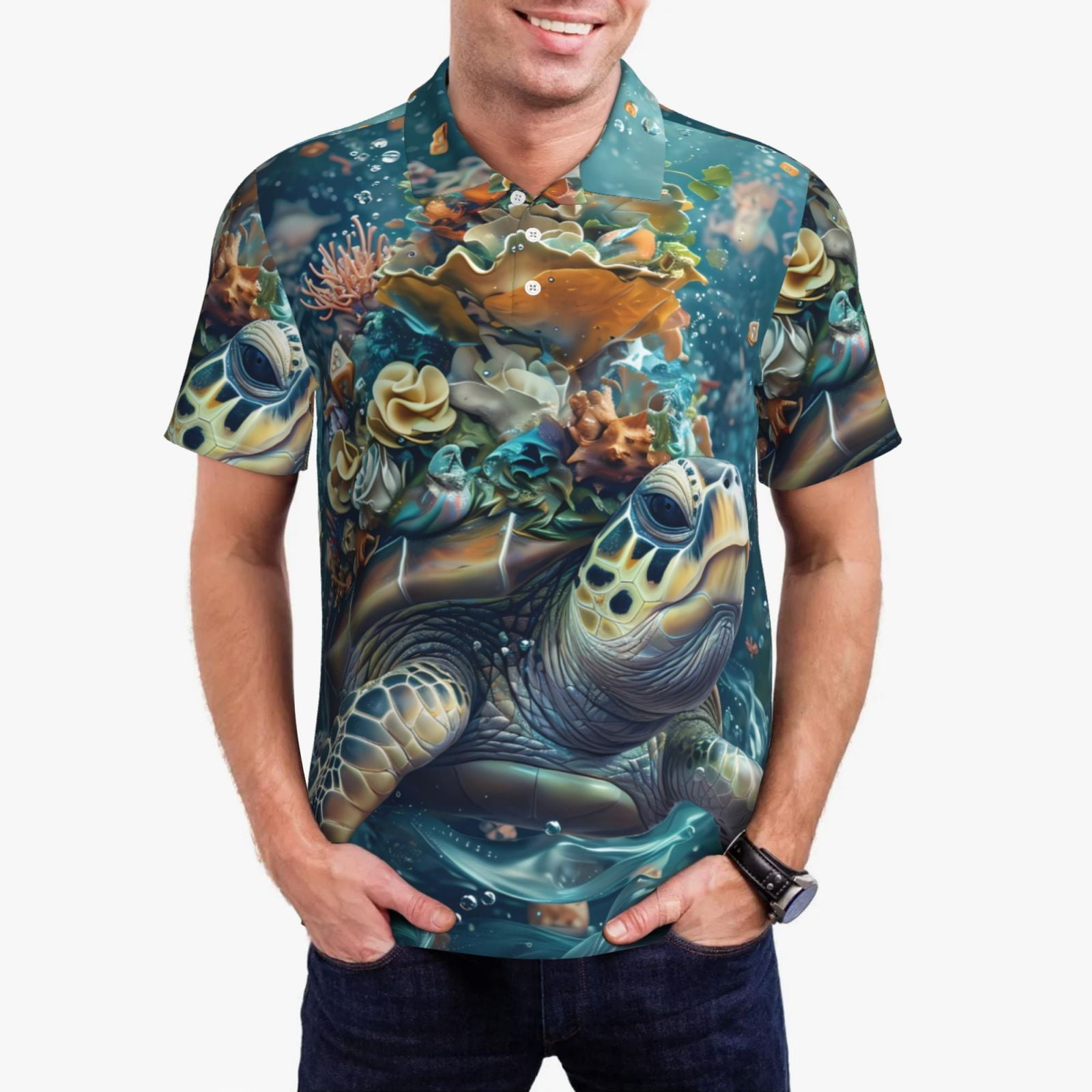 Susaid Colorful Plant Turtle Print Men's Short Sleeve Polo Shirt, Golf ...