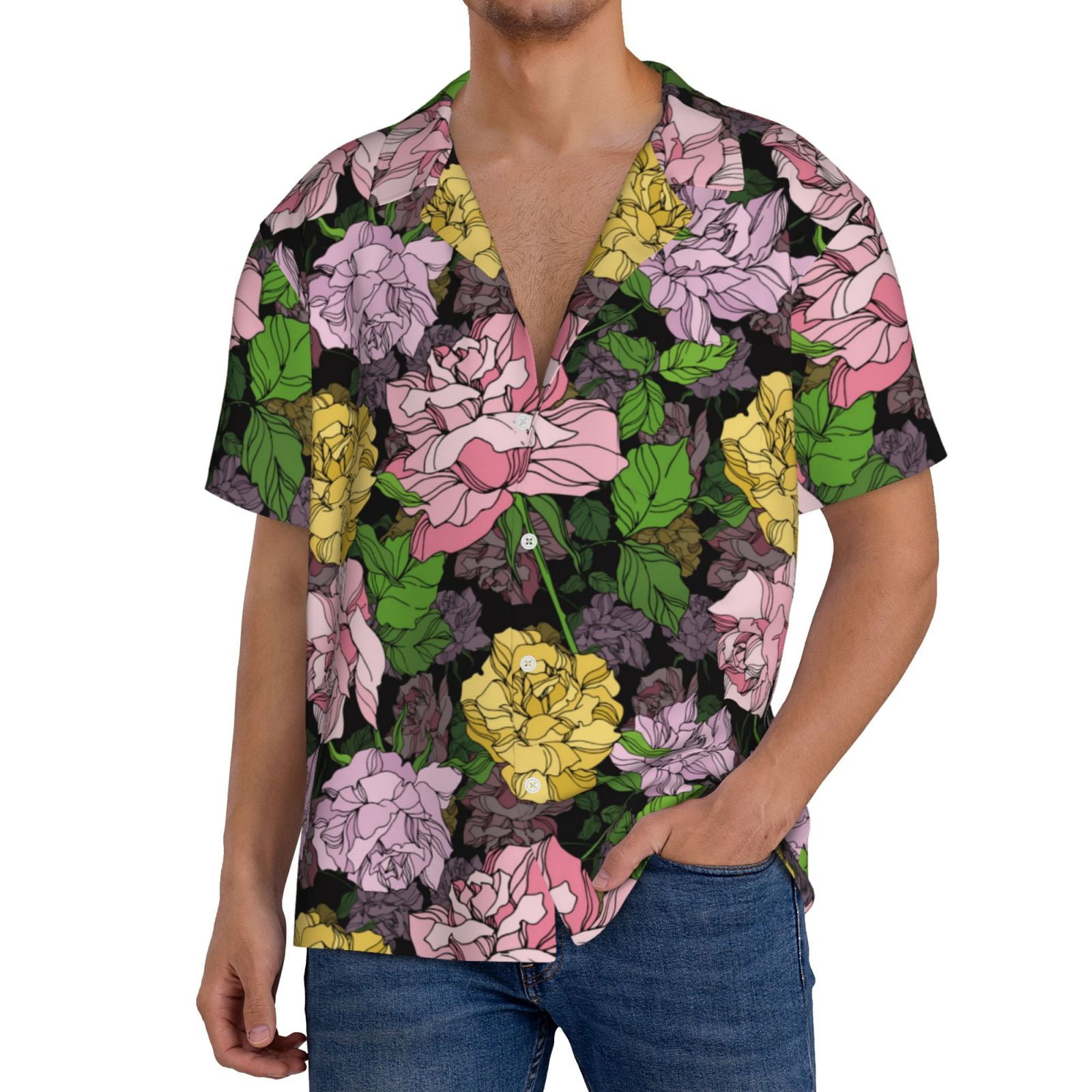 Susaid Colorful Roses Print Men's Polo Shirts Button Down Short Sleeve ...