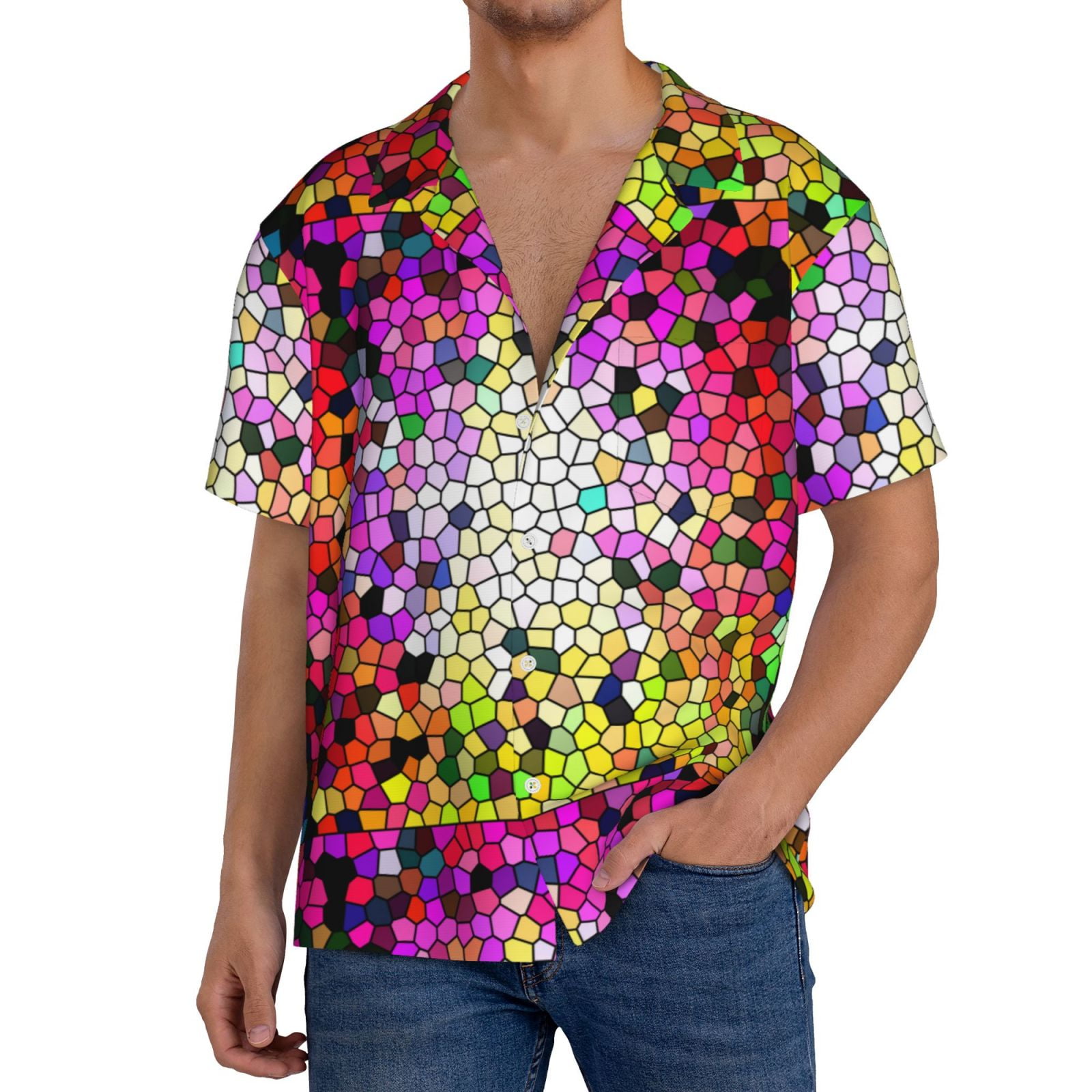 Susaid Colorful Tie Dye Stained Glass 3 Print Men's Polo Shirts Button ...