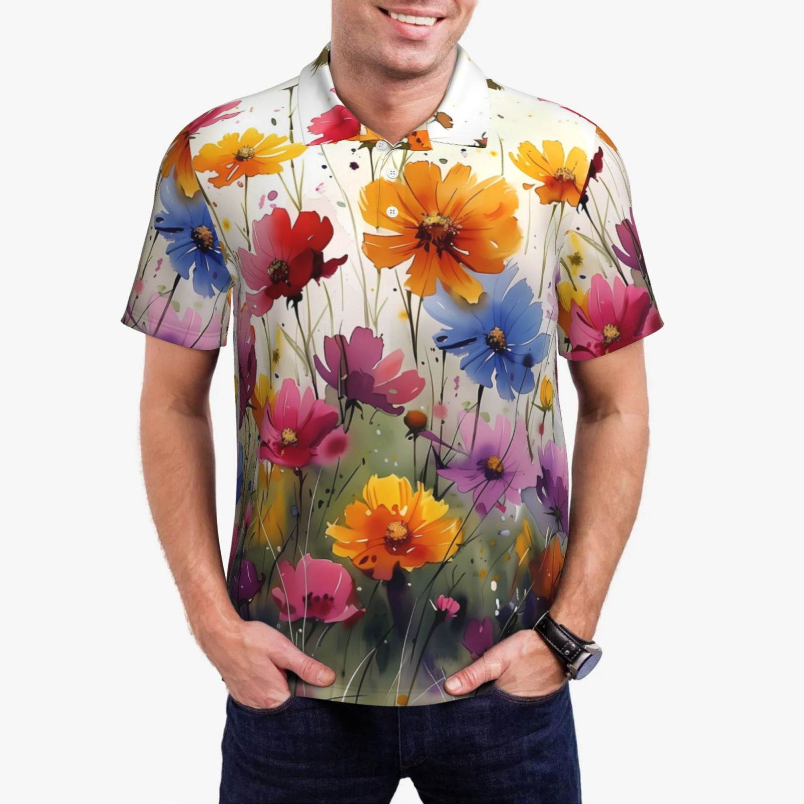 Susaid Colorful Wildflower Meadow Print Men's Short Sleeve Polo Shirt ...