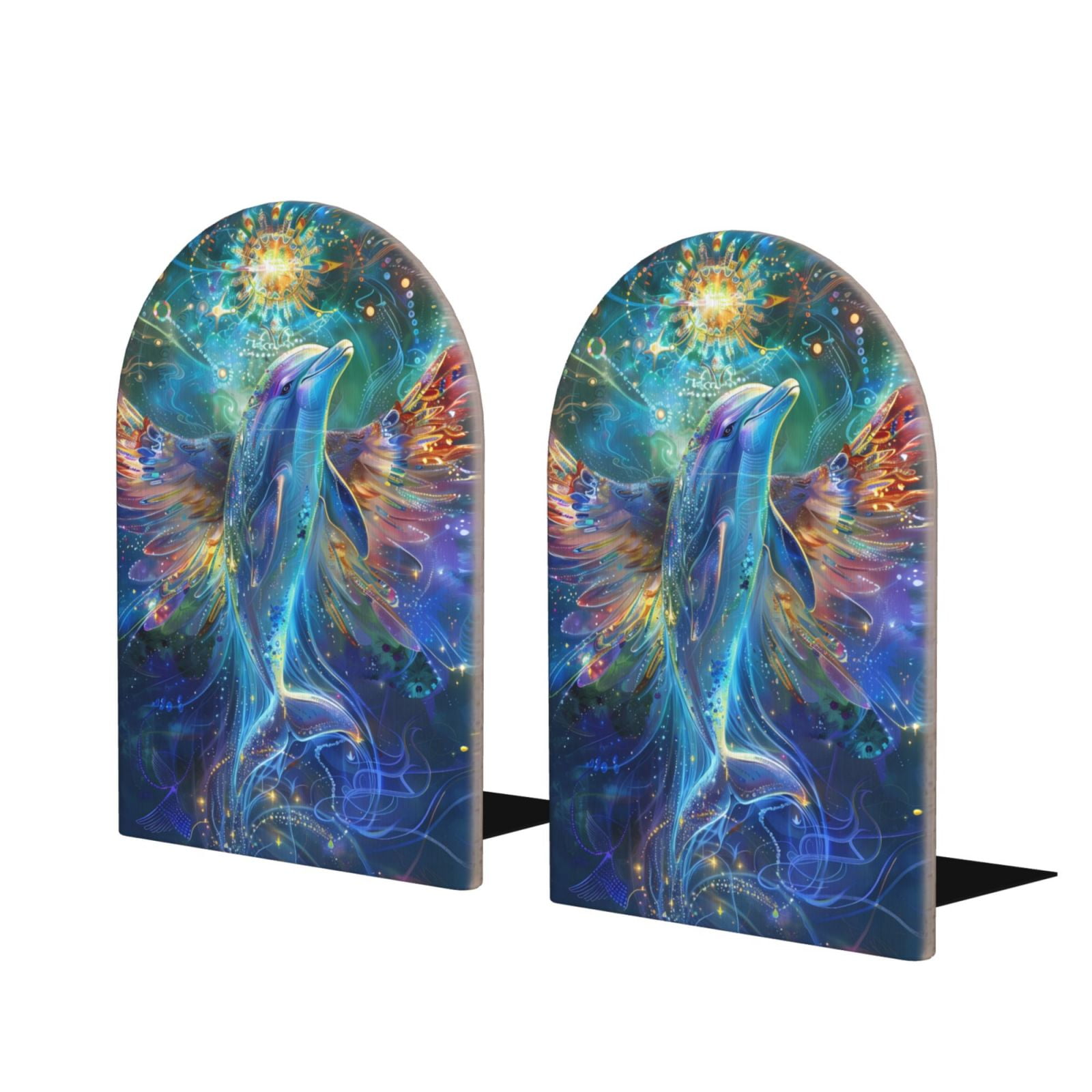 Susaid Colorful Winged Dolphin Print Wooden Bookends Decorative Book ...