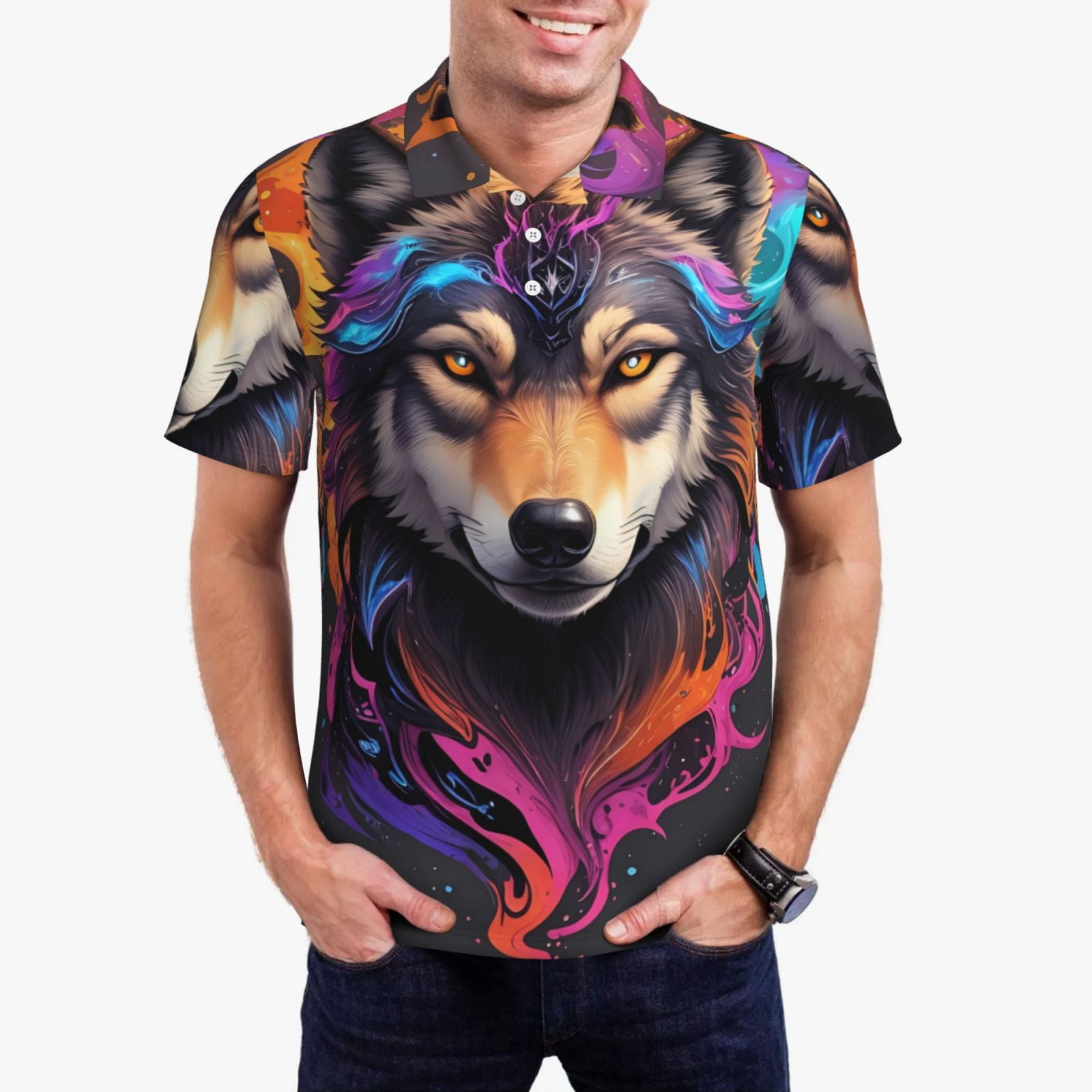 Susaid Colorful Wolf Head Print Men's Short Sleeve Polo Shirt, Golf ...