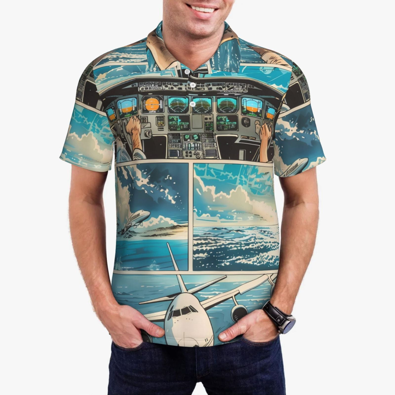 Susaid Comic Airplane Cockpit Illustration Print Men's Short Sleeve ...