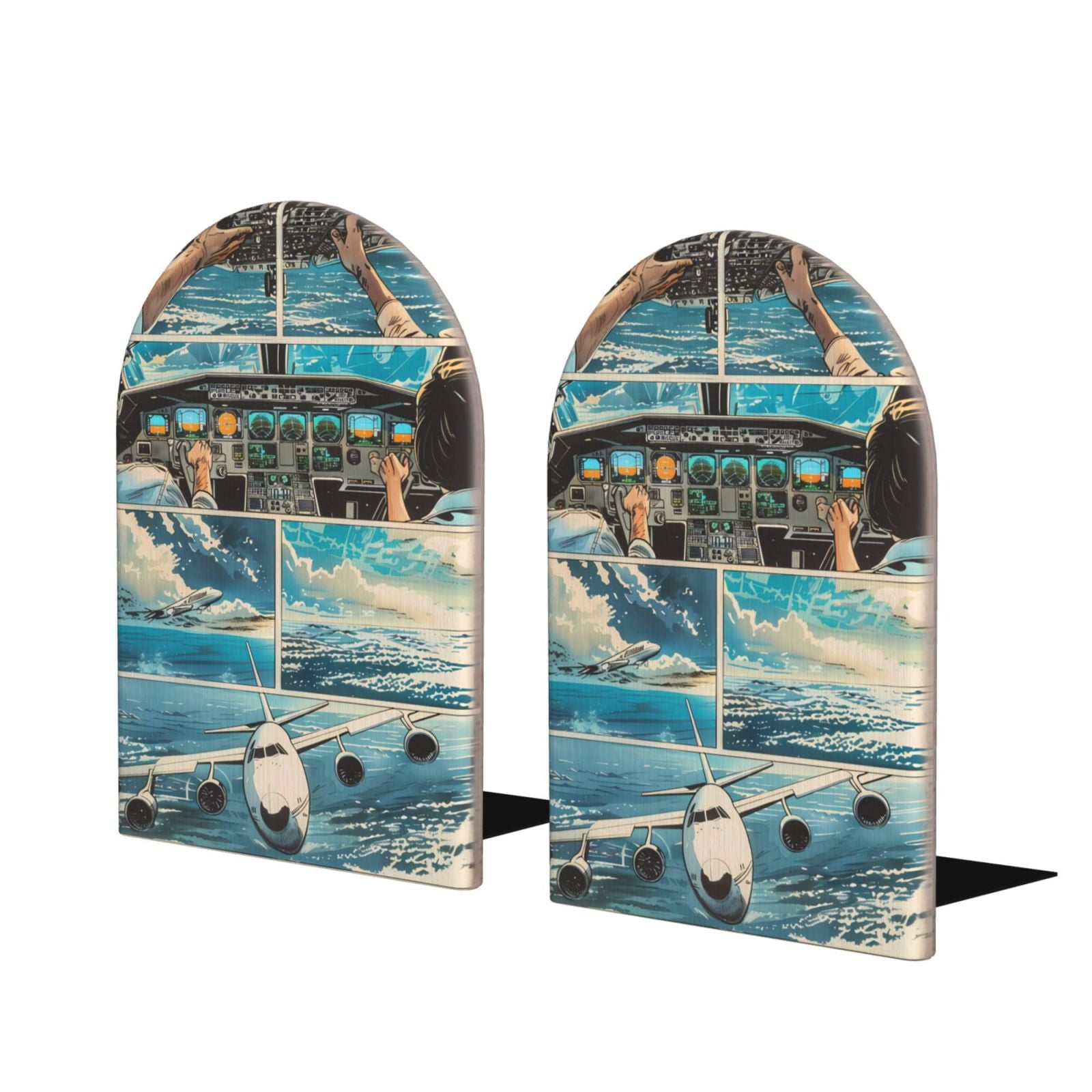 Susaid Comic Airplane Cockpit Illustration Print Wooden Bookends ...