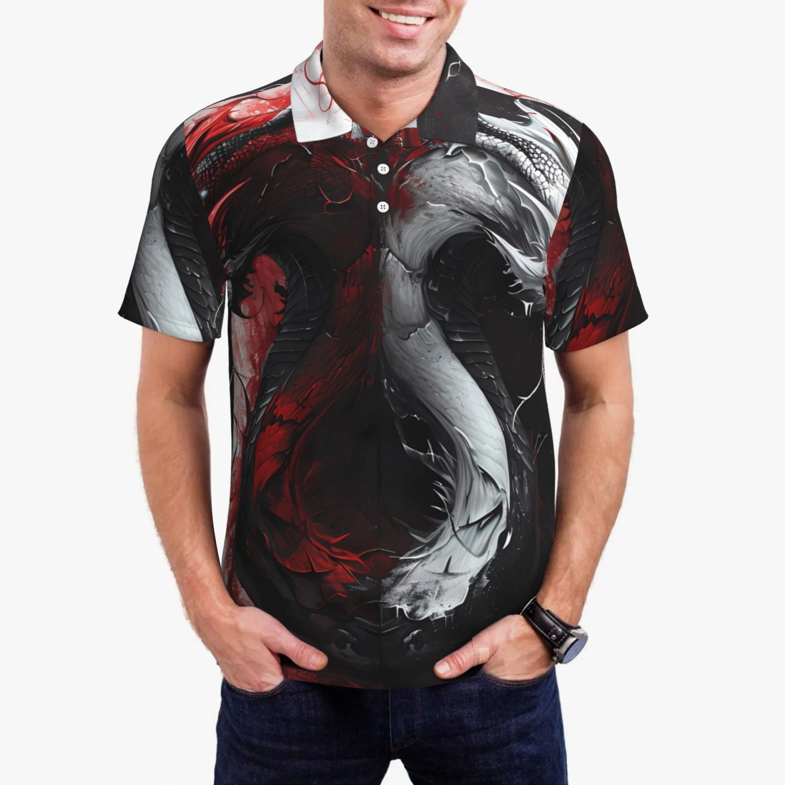 Susaid Cool Black And White Dragon Print Men's Short Sleeve Polo Shirt ...