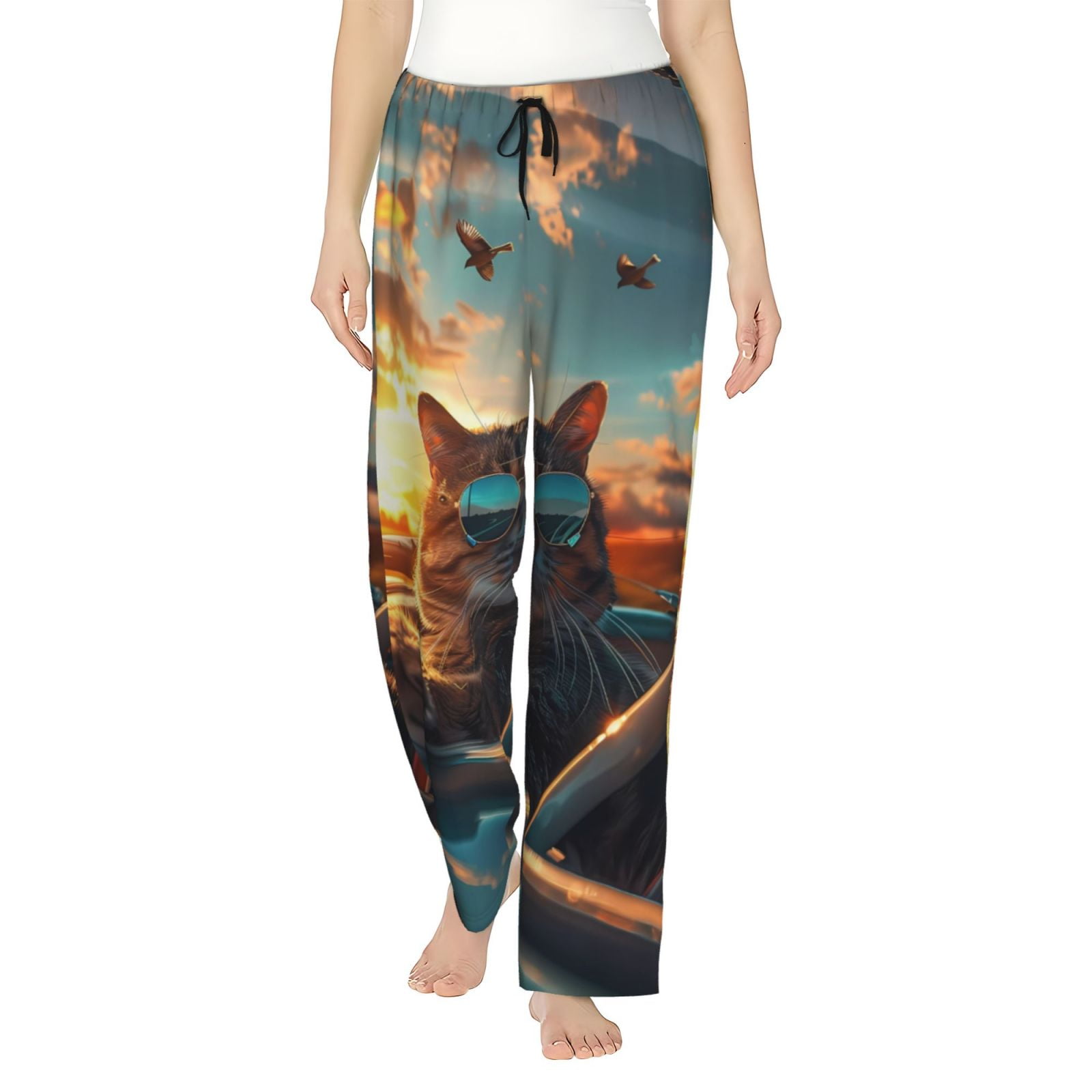 Susaid Cool Cat Driving Sunset Print Women Relaxing Pajama Pants Comfy ...