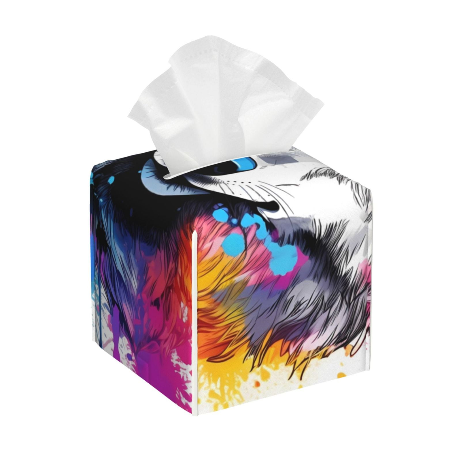 Susaid Cool Colorful Wolf Print PU Leather Tissue Box Cover, Square ...