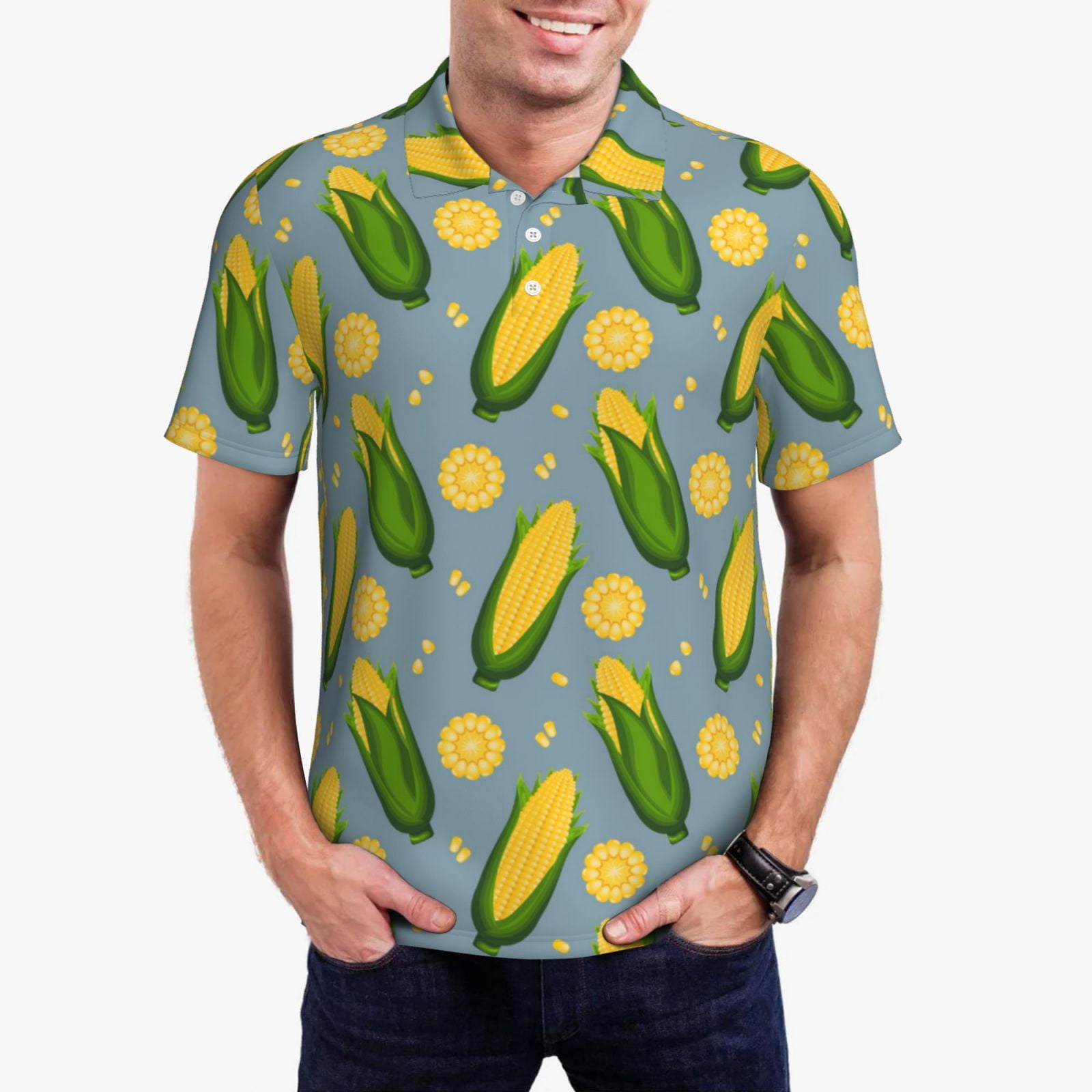 Susaid Corn On The Leaves Print Men's Short Sleeve Polo Shirt, Golf ...