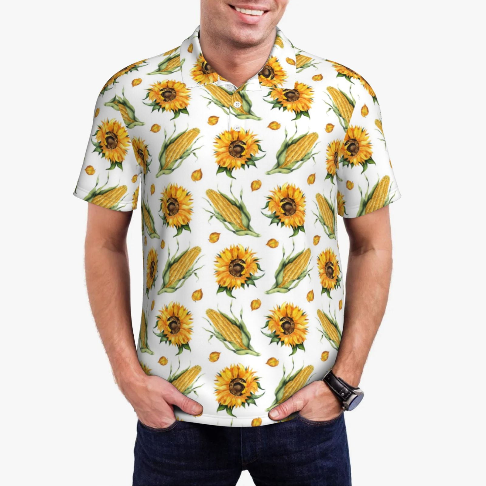 Susaid Corn Sunflowers Print Men's Short Sleeve Polo Shirt, Golf Shirts ...
